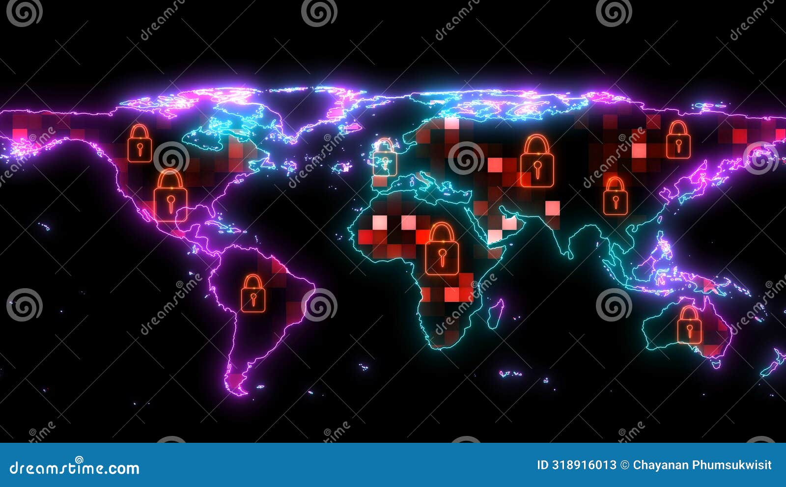 Thousand Digital Red Tone Data and Light Digital Lock on Global Map ...