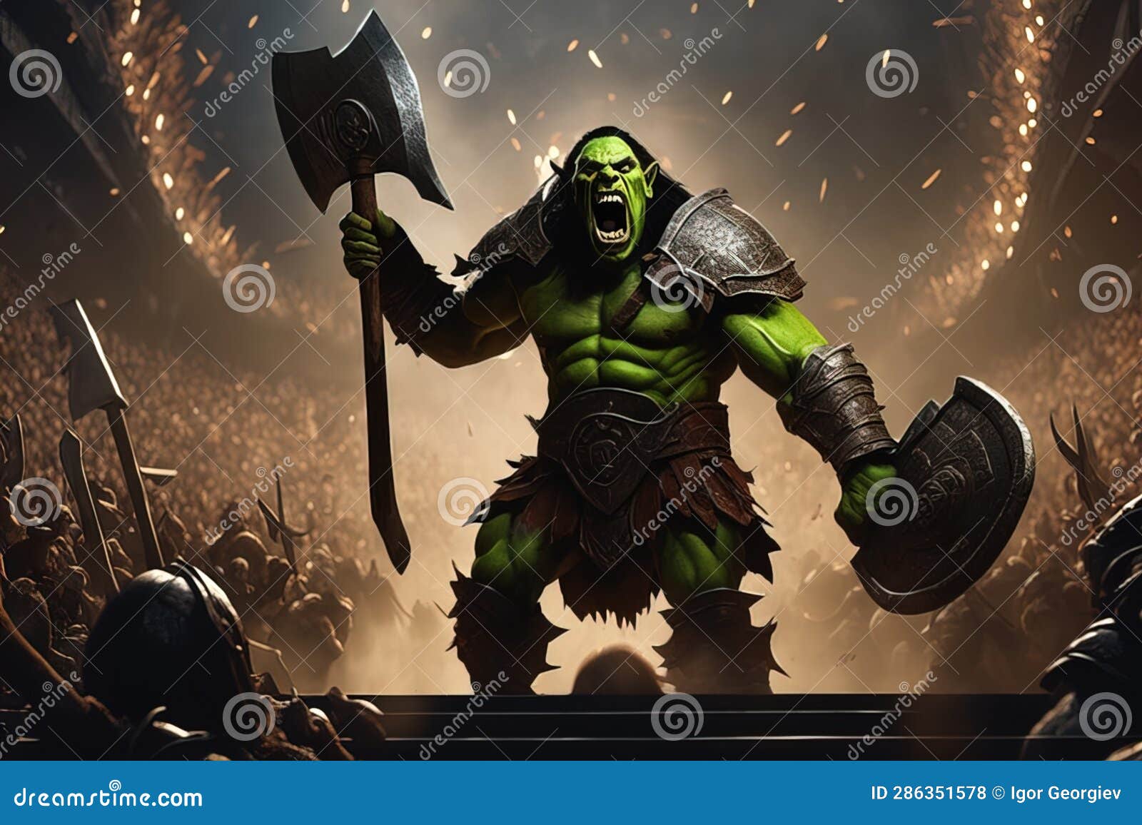 A Thrall Orc Gladiator In A Crowded Coliseum Screaming With An Ax In ...