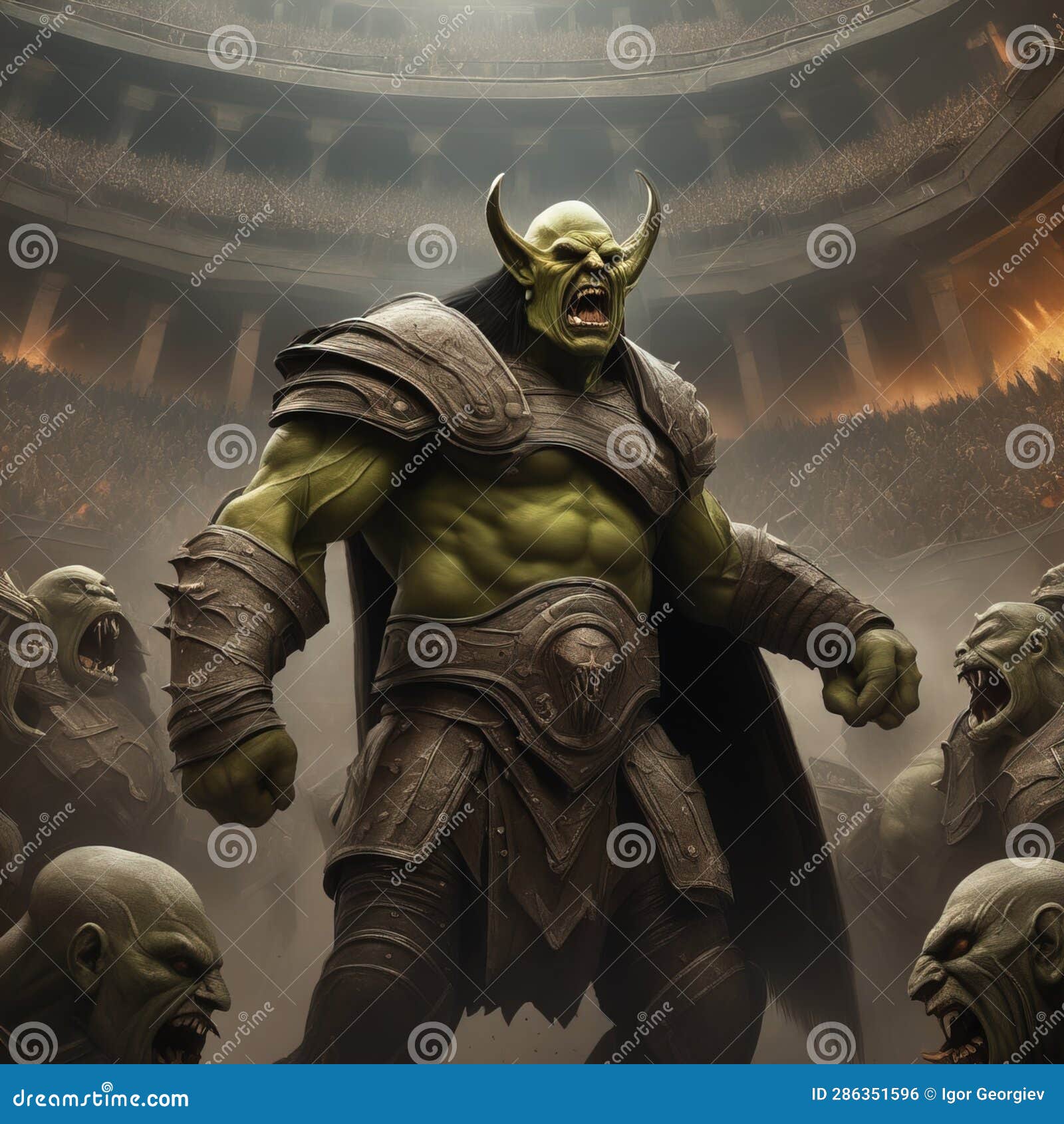 A Thrall Orc Gladiator in a Crowded Coliseum Screaming with an Ax in ...