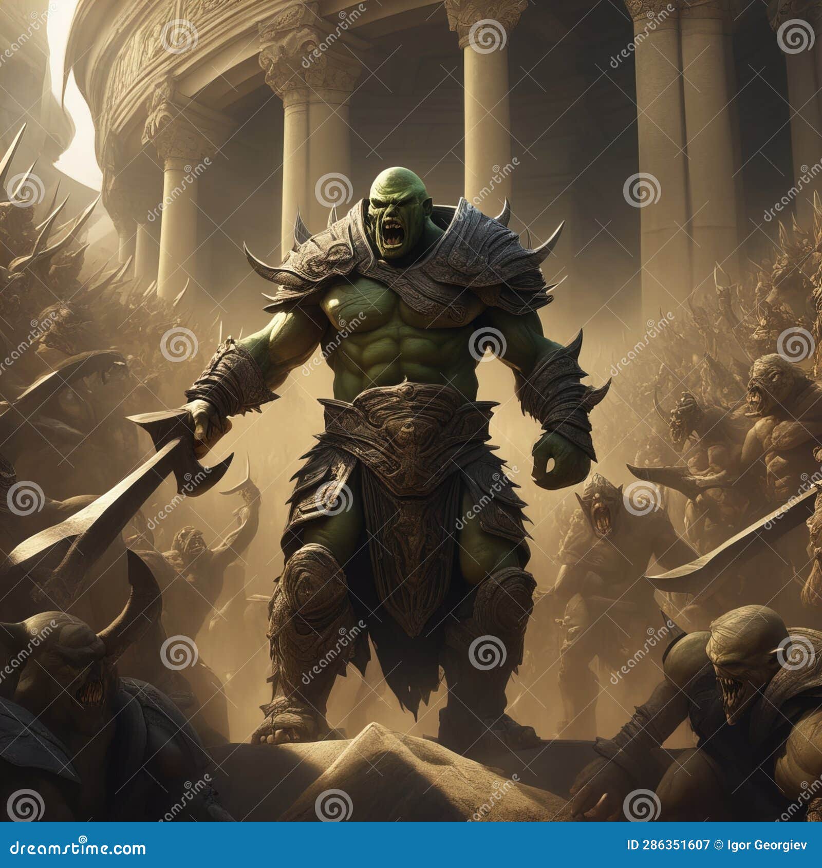 A Thrall Orc Gladiator In A Crowded Coliseum Screaming With An Ax In ...
