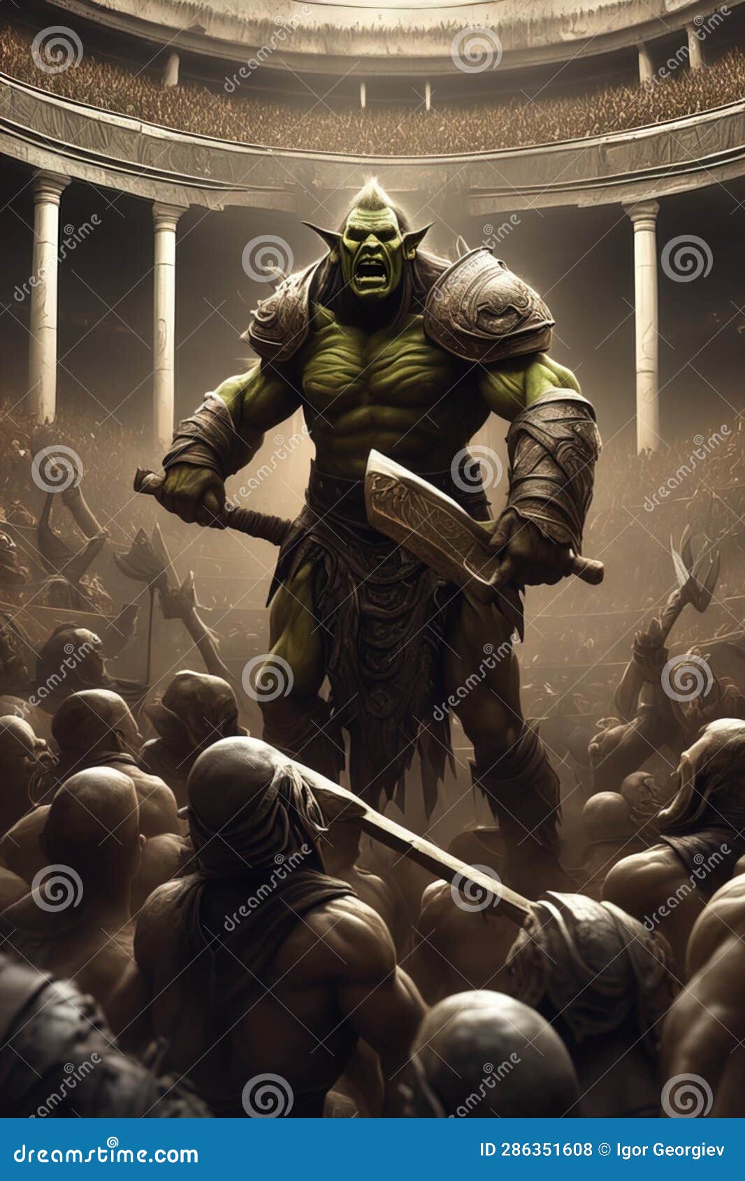 A Thrall Orc Gladiator in a Crowded Coliseum Screaming with an Ax in ...