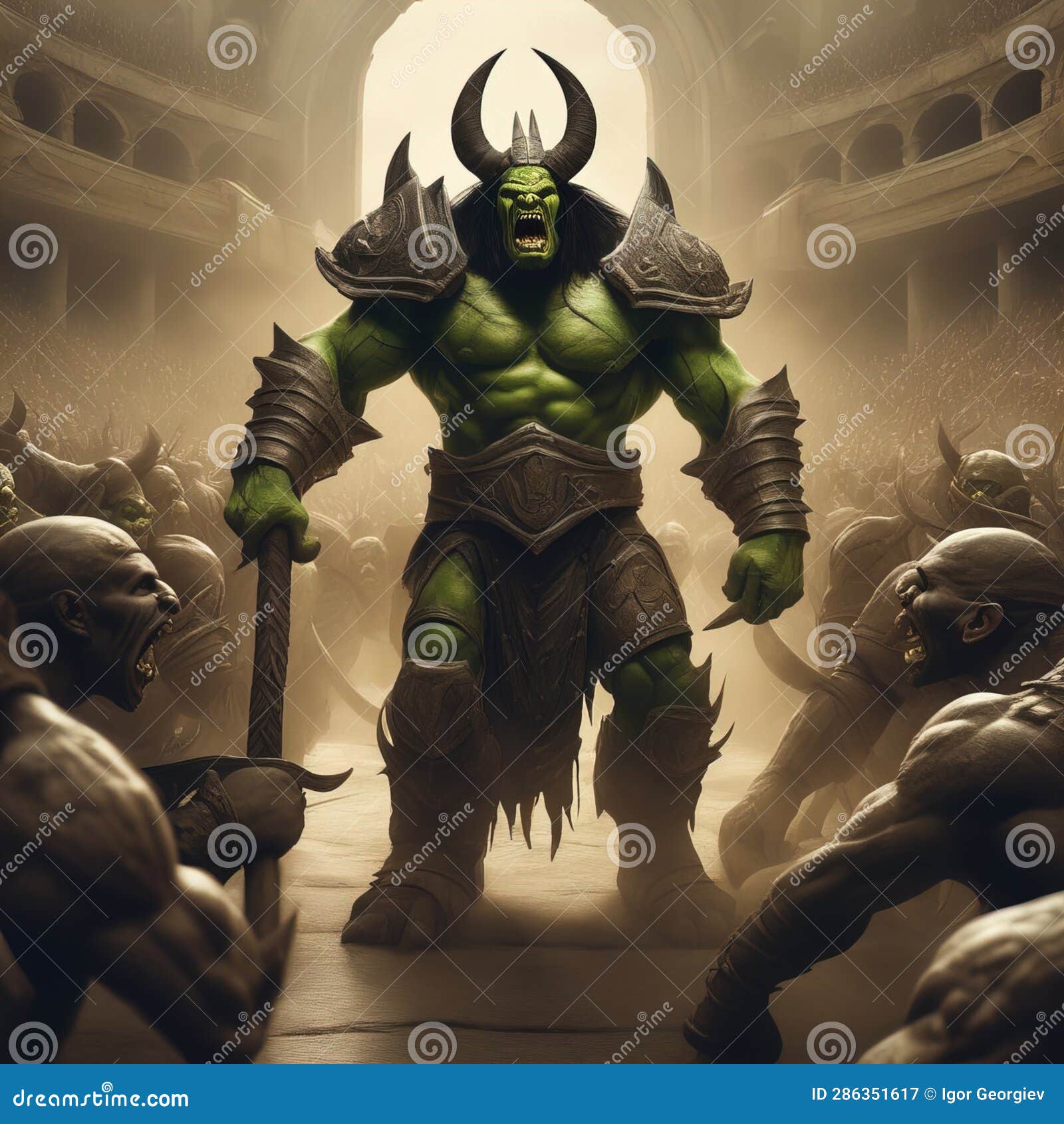 A Thrall Orc Gladiator in a Crowded Coliseum Screaming with an Ax in ...