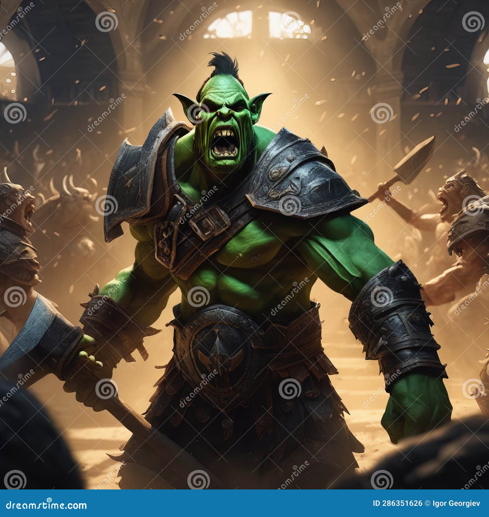 A Thrall Orc Gladiator In A Crowded Coliseum Screaming With An Ax In ...