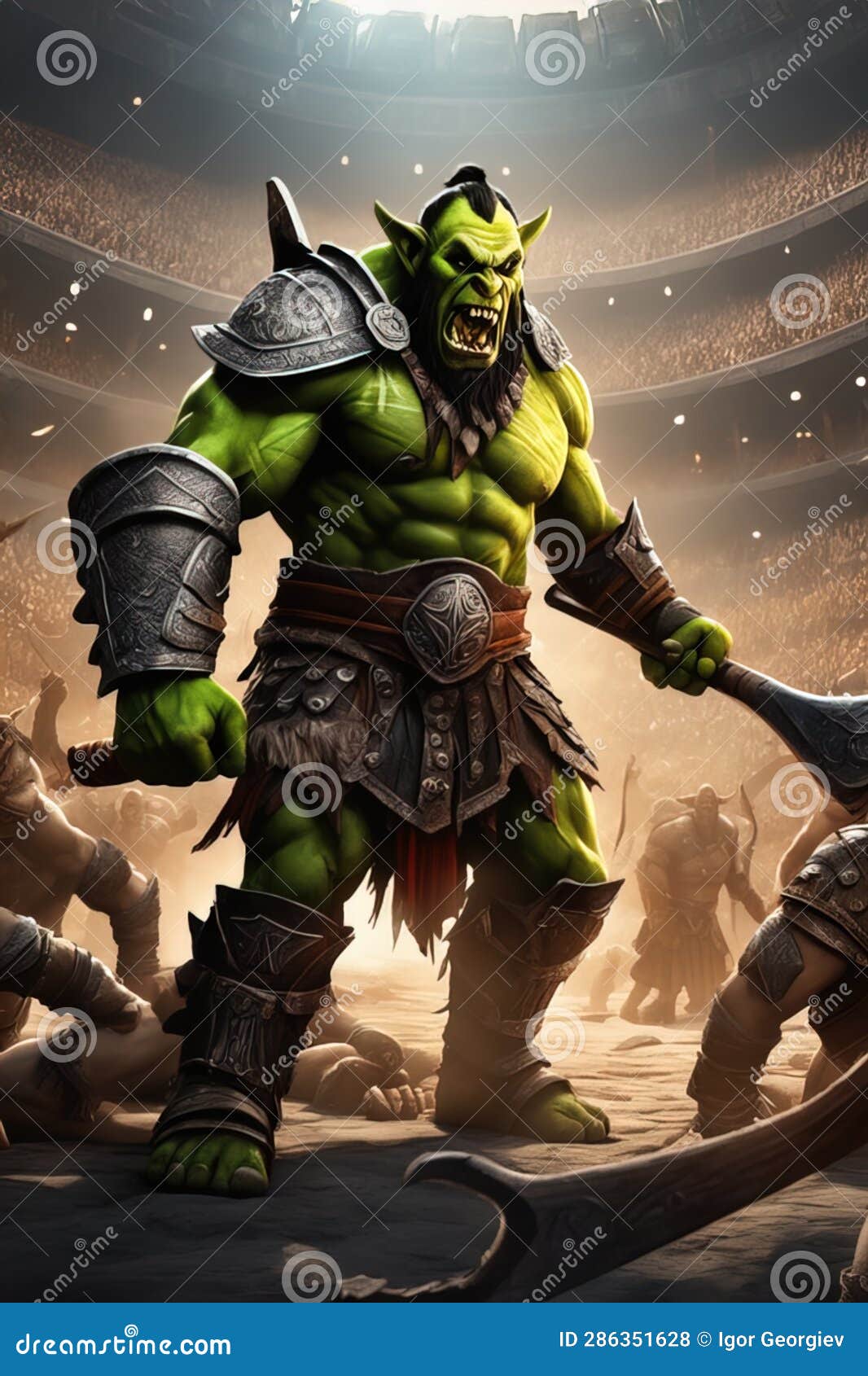 A Thrall Orc Gladiator in a Crowded Coliseum Screaming with an Ax in ...