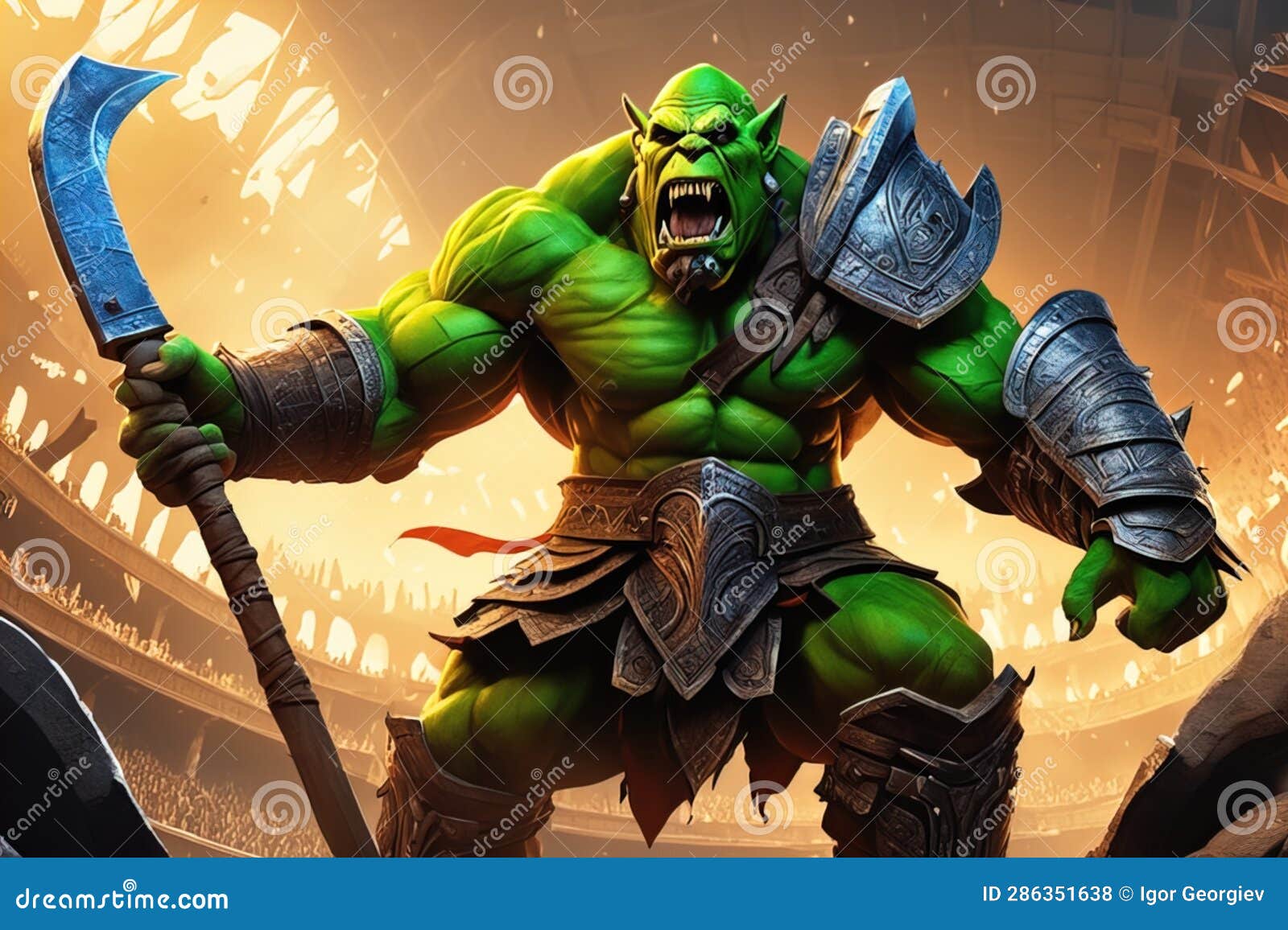 A Thrall Orc Gladiator in a Crowded Coliseum Screaming with an Ax in ...