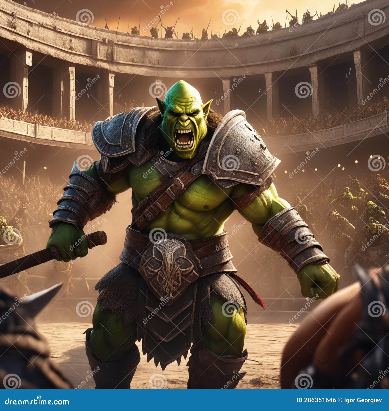A Thrall Orc Gladiator in a Crowded Coliseum Screaming with an Ax in ...