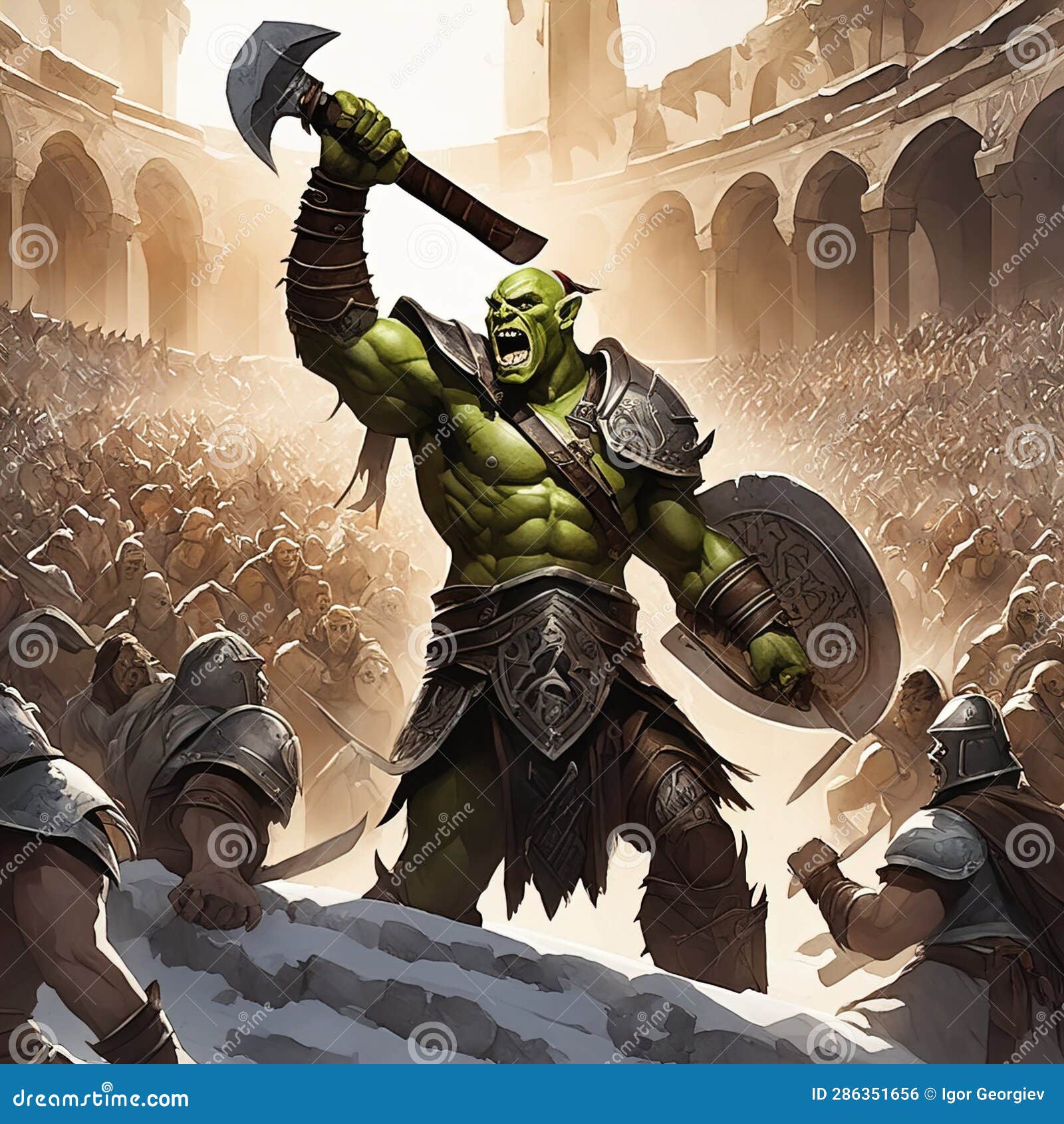 A Thrall Orc Gladiator in a Crowded Coliseum Screaming with an Ax in ...