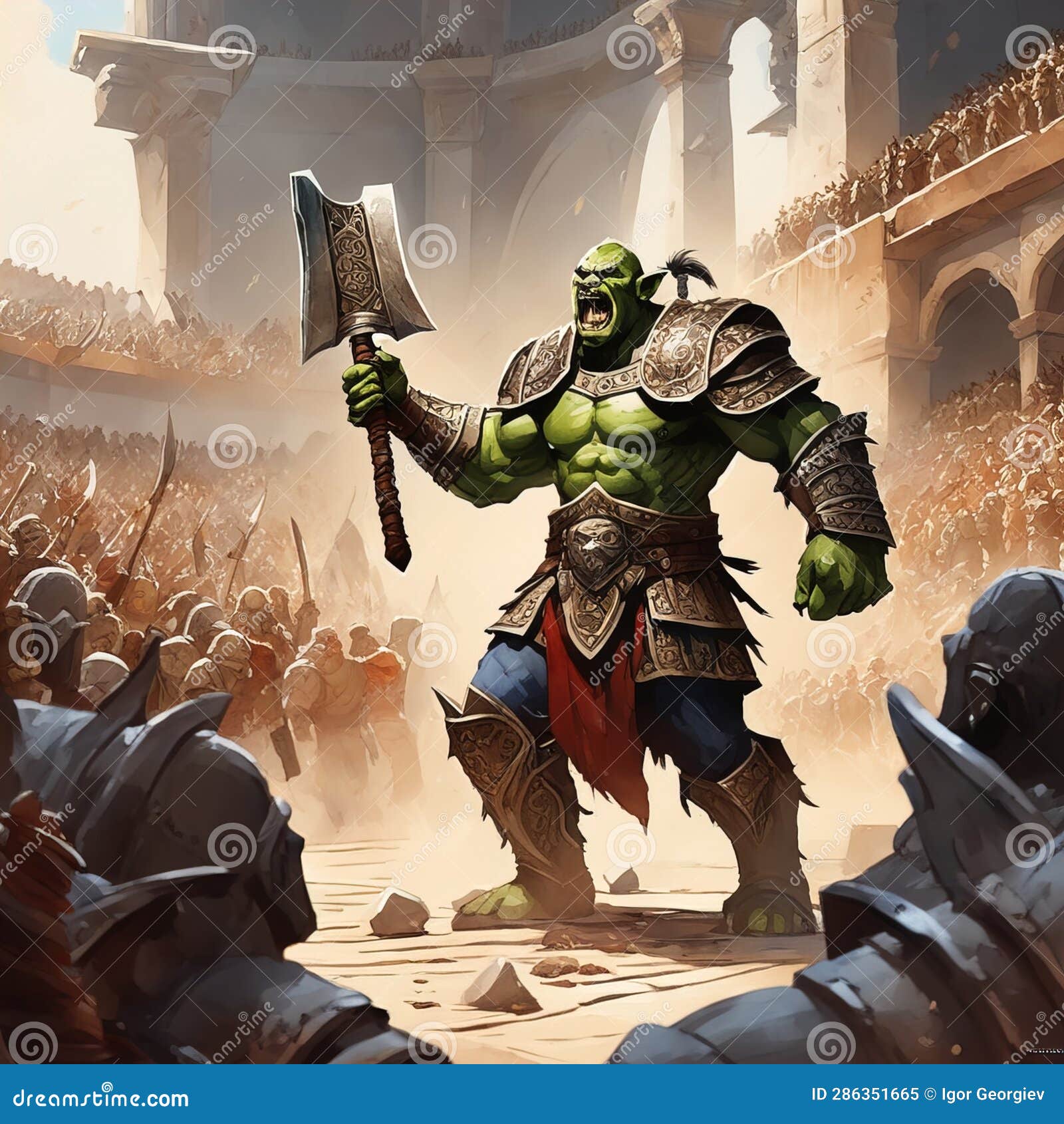 A Thrall Orc Gladiator in a Crowded Coliseum Screaming with an Ax in ...