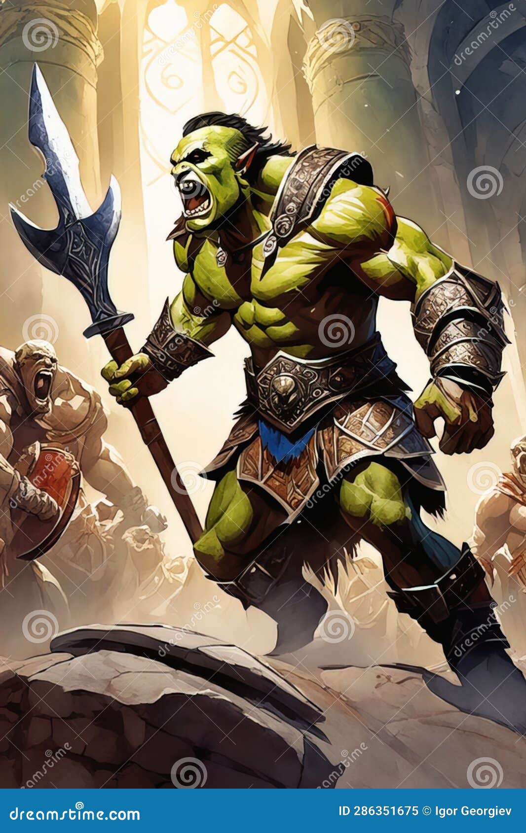 A Thrall Orc Gladiator in a Crowded Coliseum Screaming with an Ax in ...