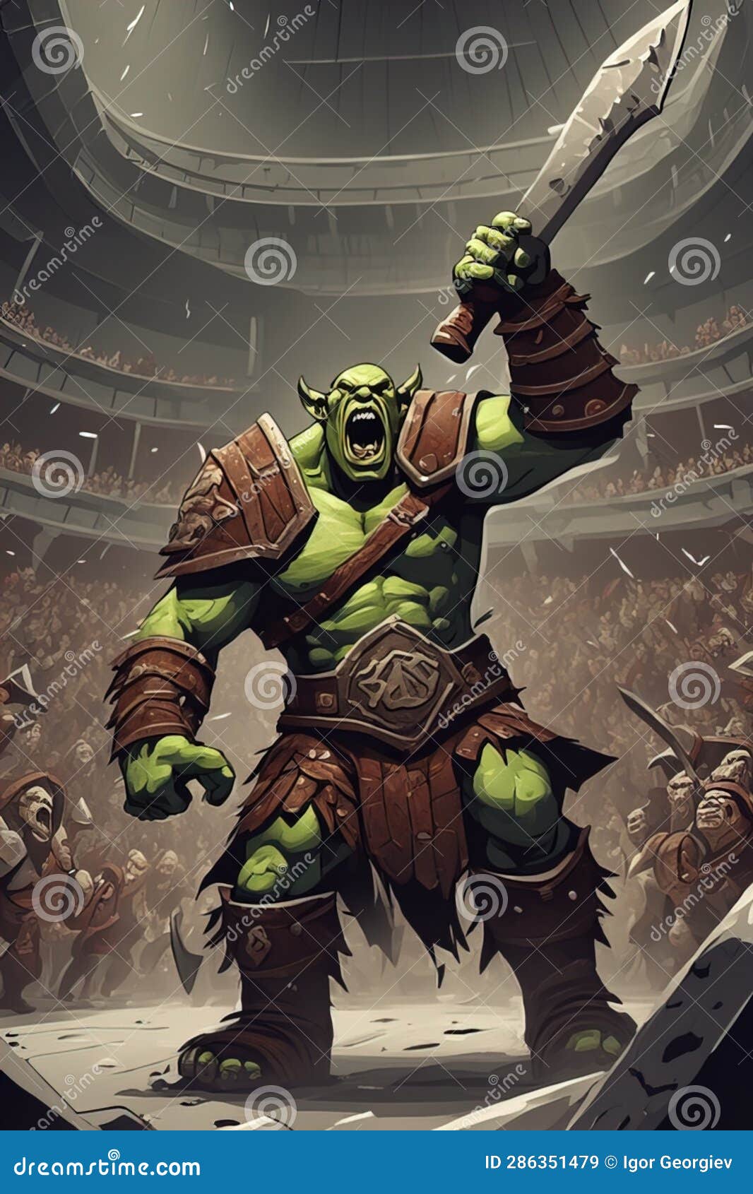 A Thrall Orc Gladiator in a Crowded Coliseum Screaming with an Ax in ...