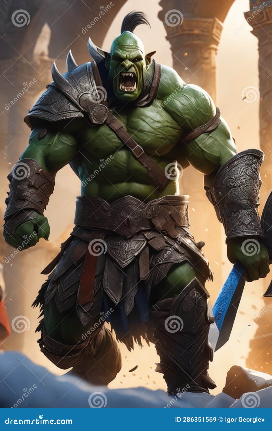 A Thrall Orc Gladiator In A Crowded Coliseum Screaming With An Ax In ...