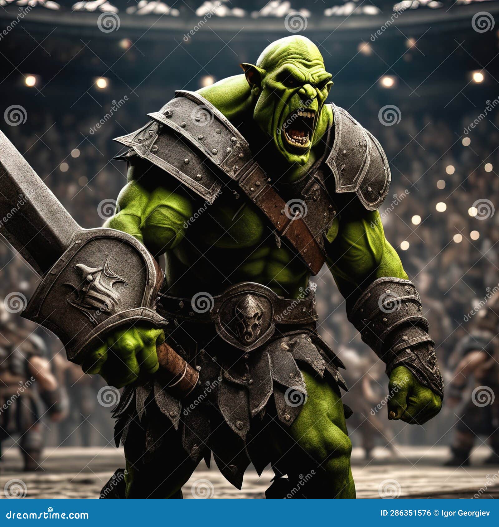 A Thrall Orc Gladiator in a Crowded Coliseum Screaming with an Ax in ...