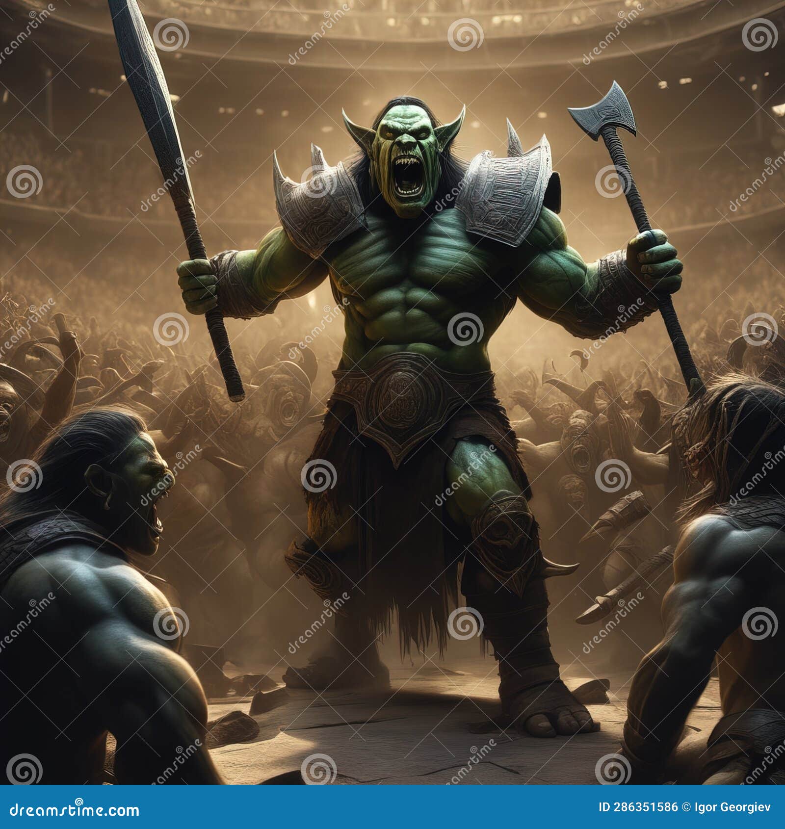 A Thrall Orc Gladiator in a Crowded Coliseum Screaming with an Ax in ...