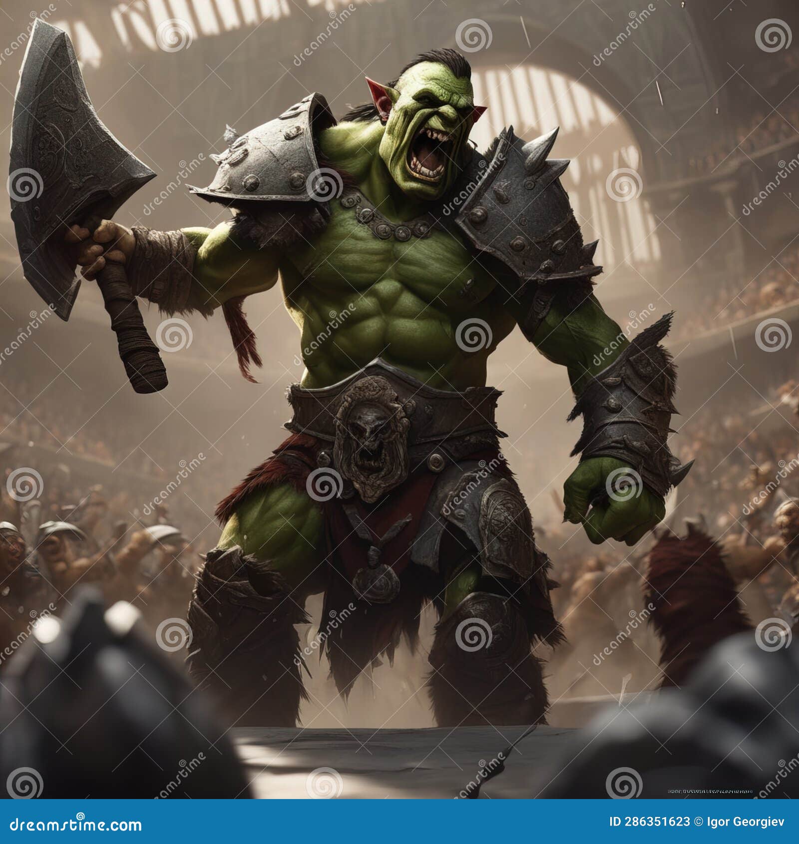 A Thrall Orc Gladiator In A Crowded Coliseum Screaming With An Ax In ...
