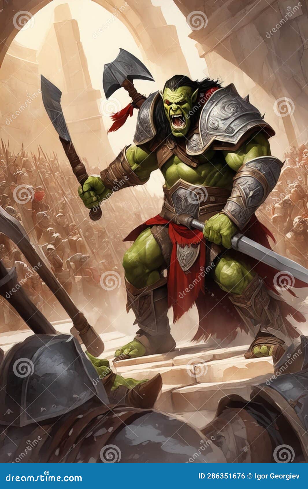 A Thrall Orc Gladiator in a Crowded Coliseum Screaming with an Ax in ...