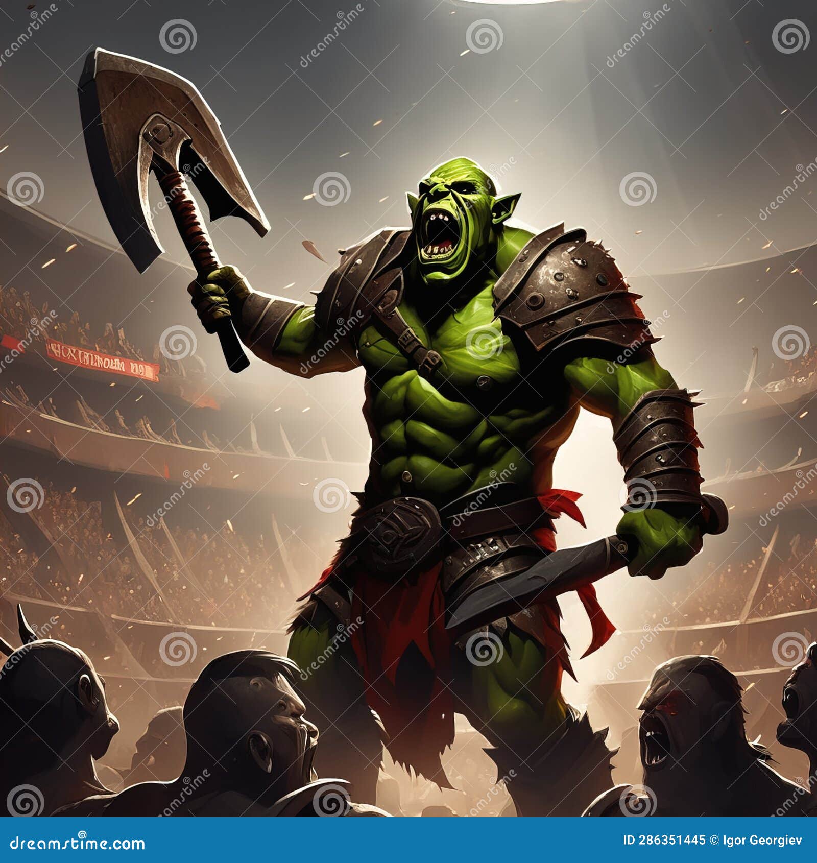 A Thrall Orc Gladiator in a Crowded Coliseum Screaming with an Ax in ...