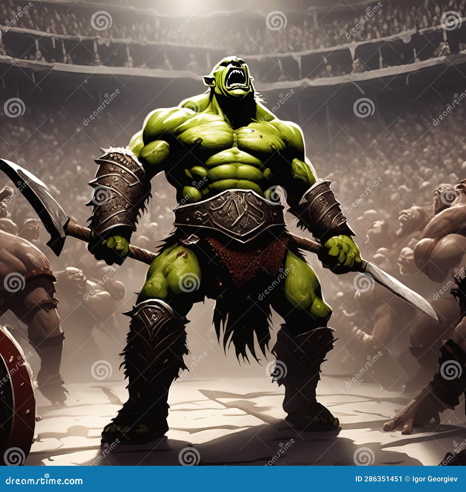 A Thrall Orc Gladiator in a Crowded Coliseum Screaming with an Ax in ...