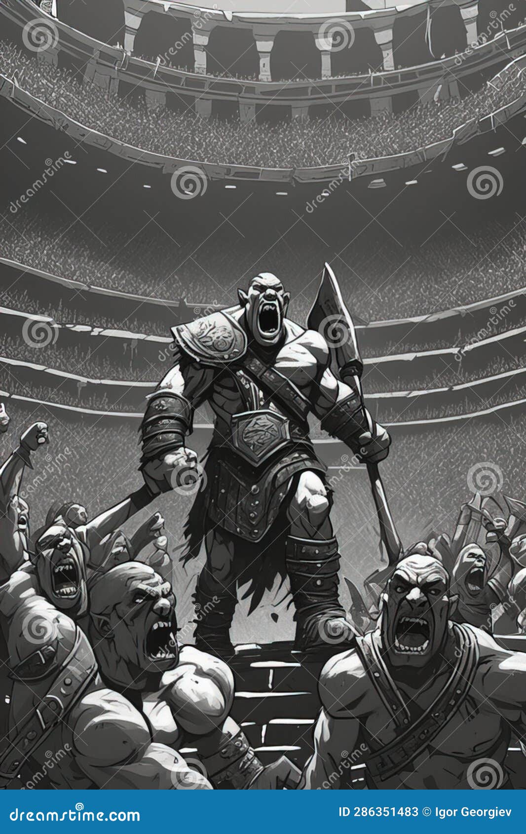 A Thrall Orc Gladiator in a Crowded Coliseum Screaming with an Ax in ...
