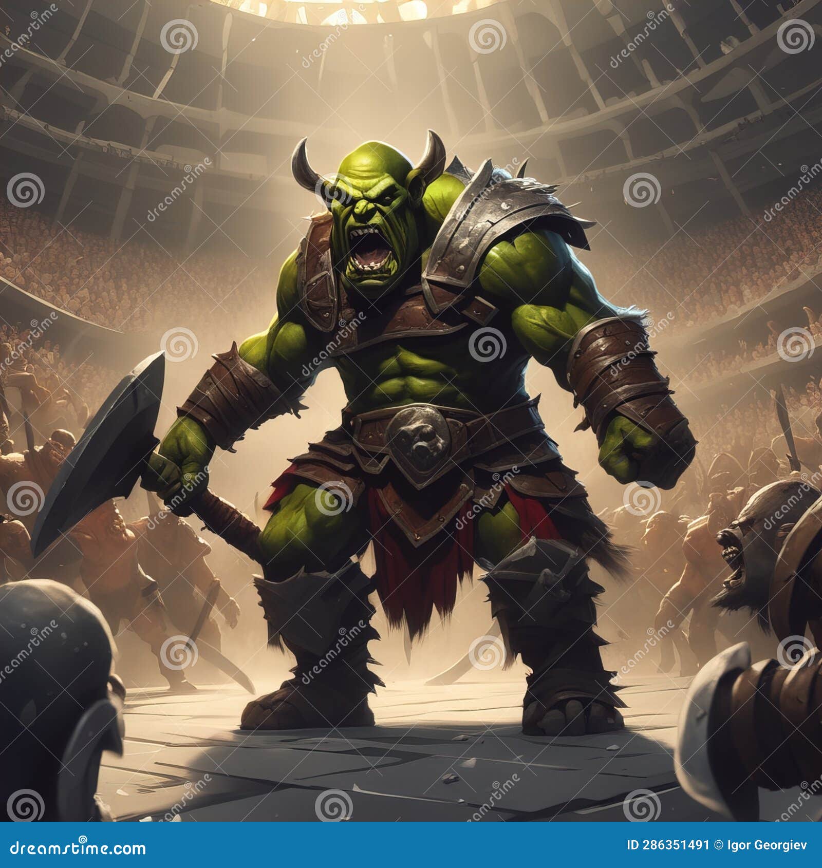 A Thrall Orc Gladiator in a Crowded Coliseum Screaming with an Ax in ...