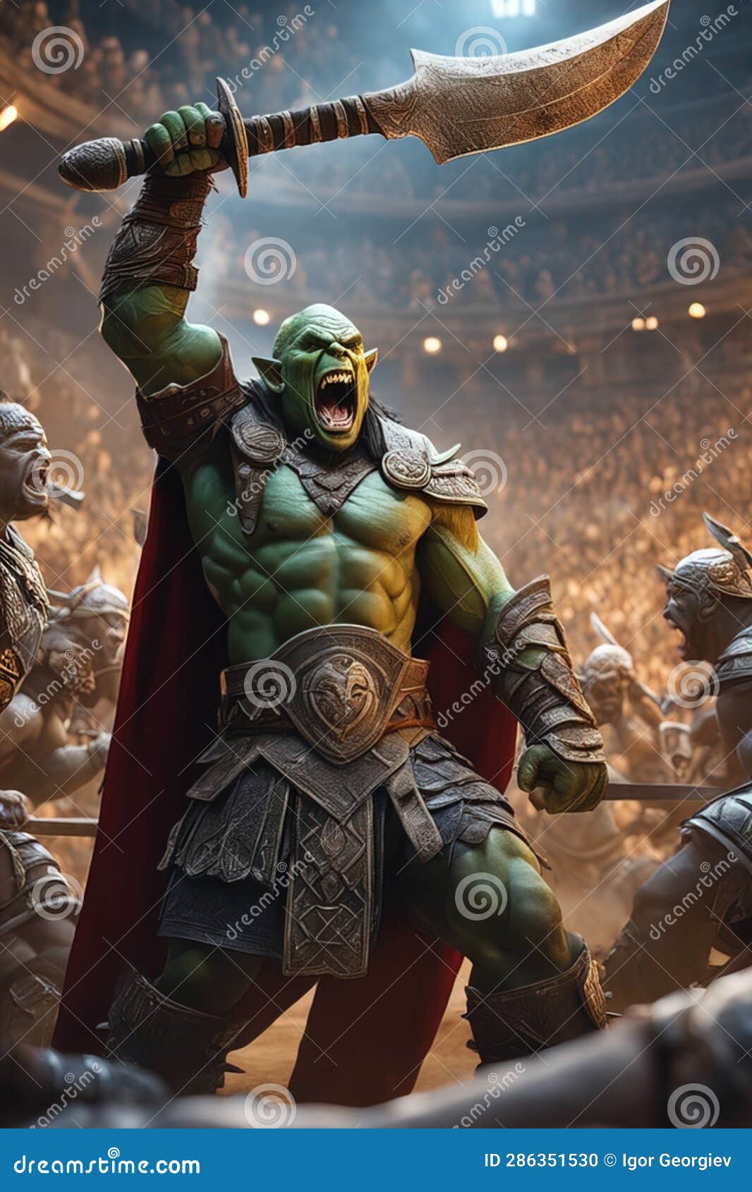 A Thrall Orc Gladiator in a Crowded Coliseum Screaming with an Ax in ...