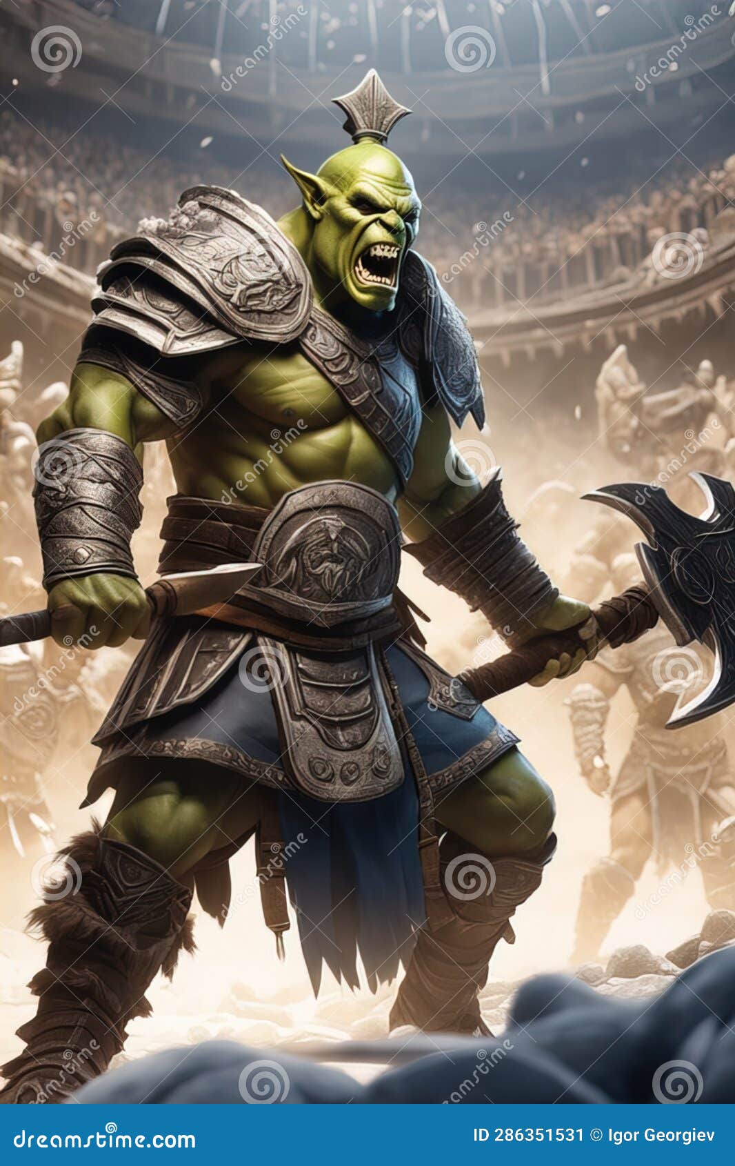 A Thrall Orc Gladiator in a Crowded Coliseum Screaming with an Ax in ...