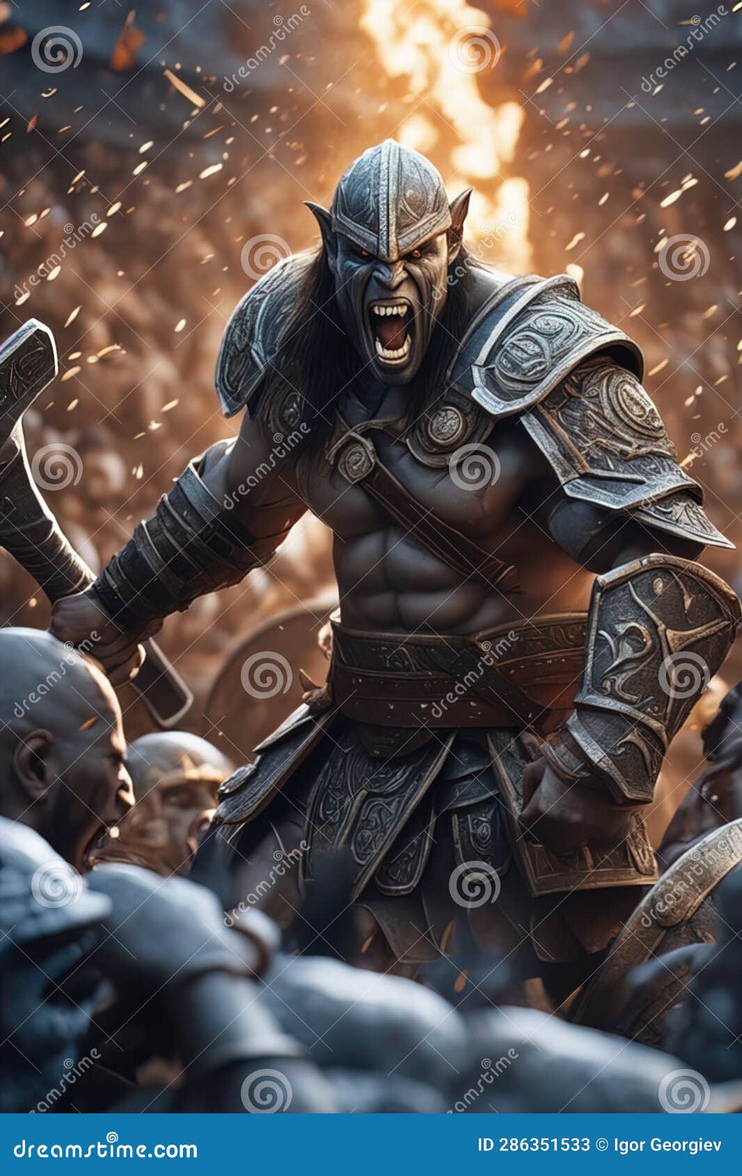 A Thrall Orc Gladiator in a Crowded Coliseum Screaming with an Ax in ...