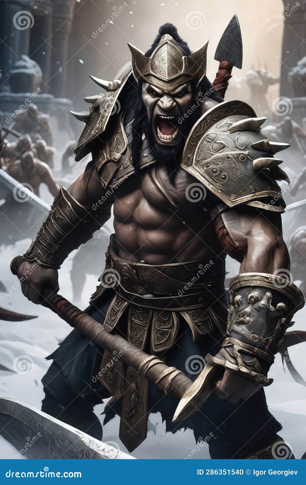 A Thrall Orc Gladiator in a Crowded Coliseum Screaming with an Ax in ...