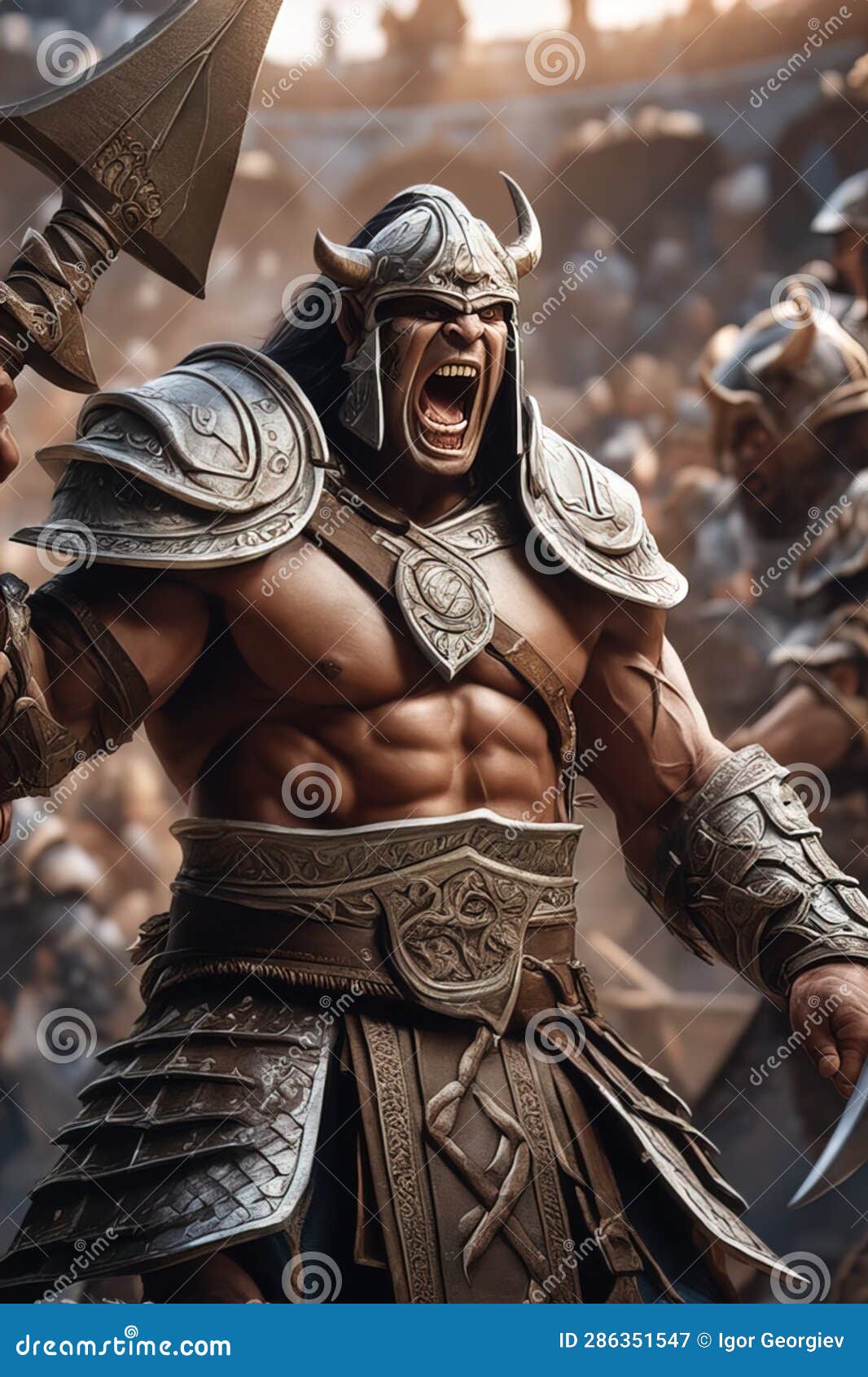 A Thrall Orc Gladiator in a Crowded Coliseum Screaming with an Ax in ...