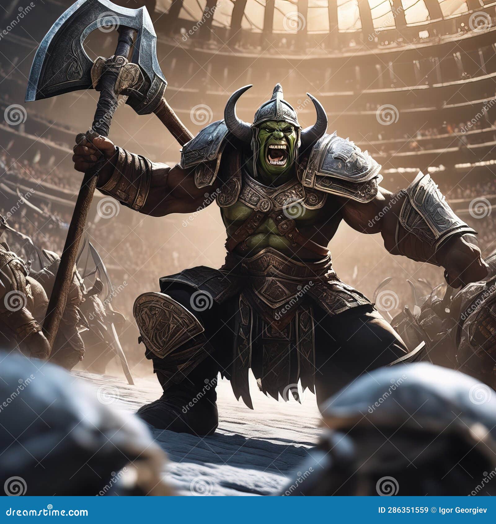A Thrall Orc Gladiator in a Crowded Coliseum Screaming with an Ax in ...