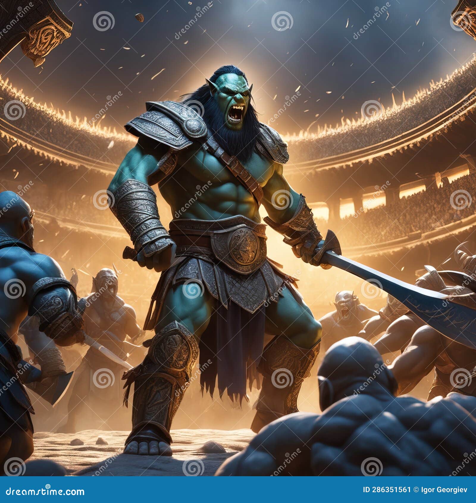 A Thrall Orc Gladiator in a Crowded Coliseum Screaming with an Ax in ...