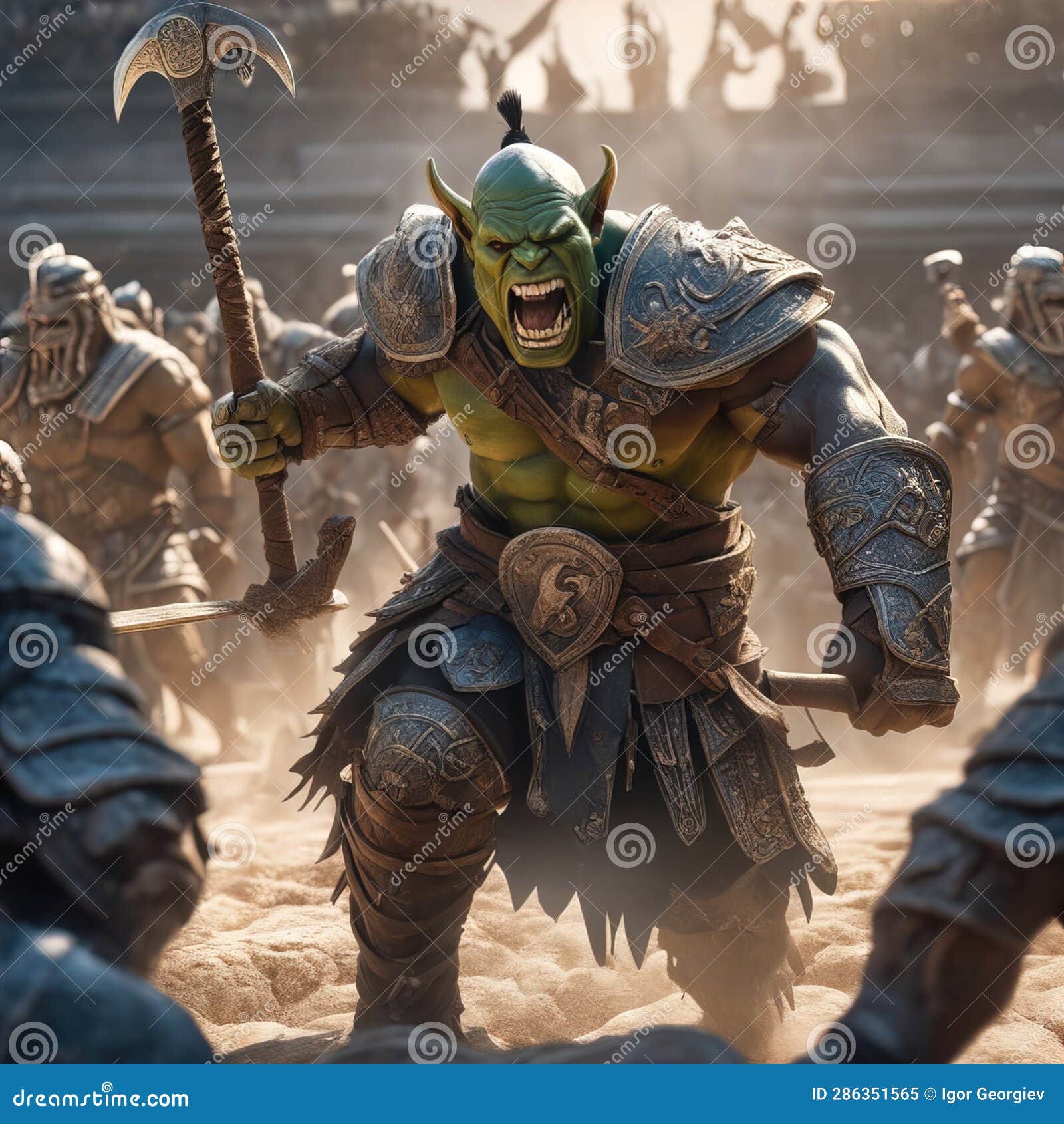 A Thrall Orc Gladiator In A Crowded Coliseum Screaming With An Ax In ...