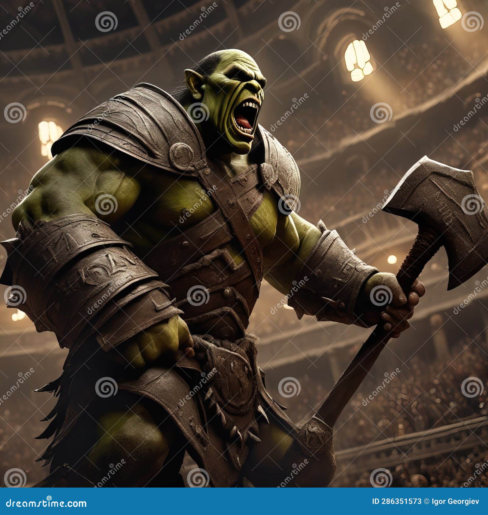 A Thrall Orc Gladiator in a Crowded Coliseum Screaming with an Ax in ...