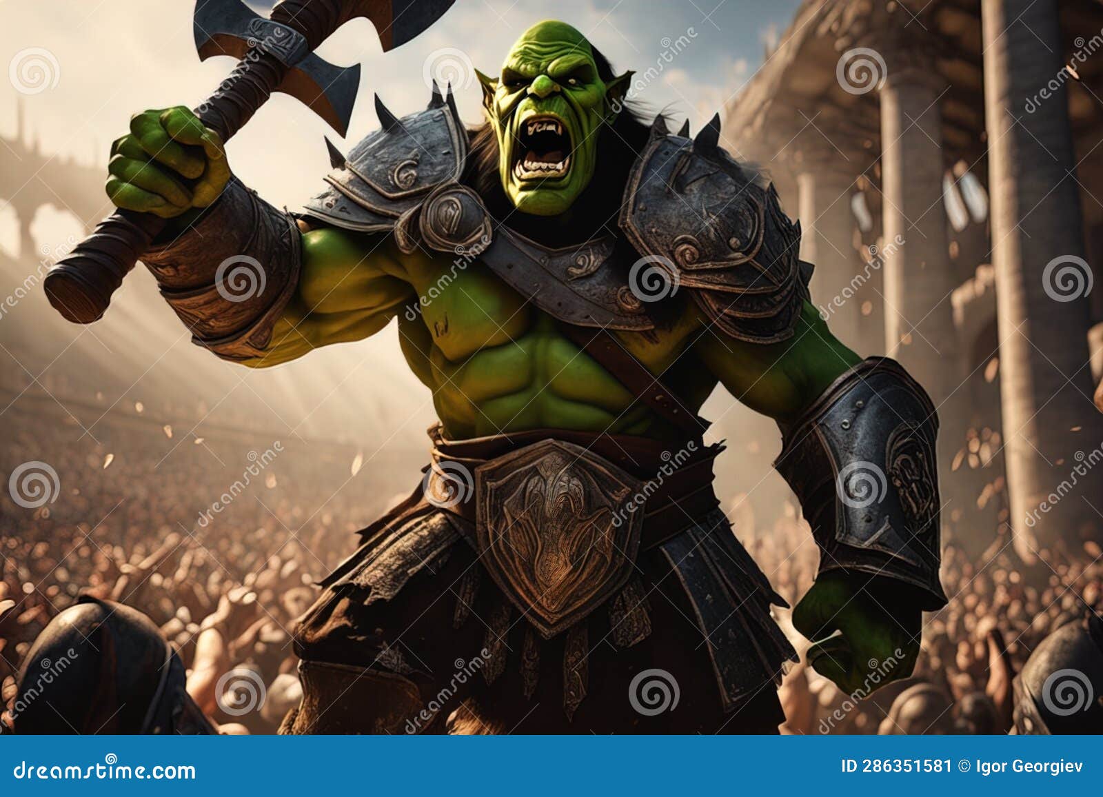 A Thrall Orc Gladiator in a Crowded Coliseum Screaming with an Ax in ...
