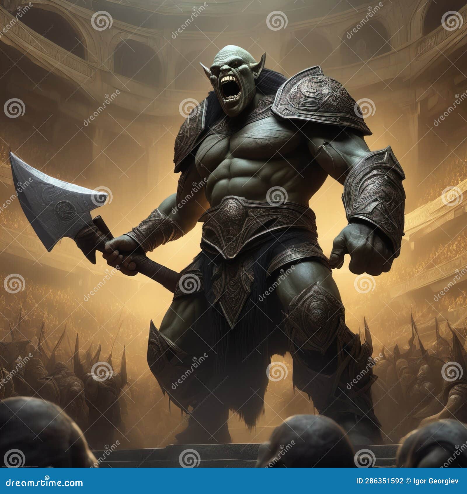 A Thrall Orc Gladiator in a Crowded Coliseum Screaming with an Ax in ...