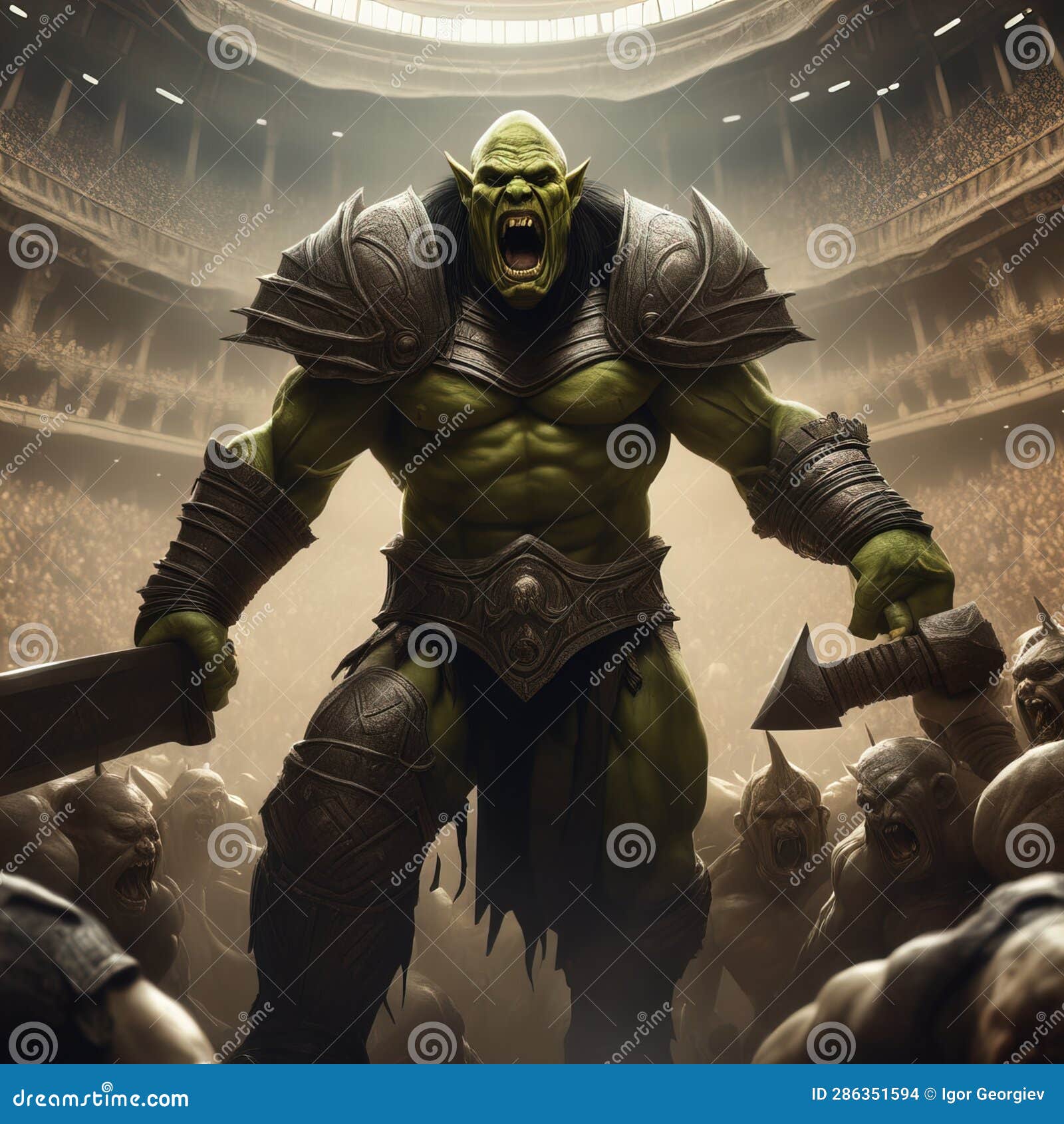 A Thrall Orc Gladiator in a Crowded Coliseum Screaming with an Ax in ...