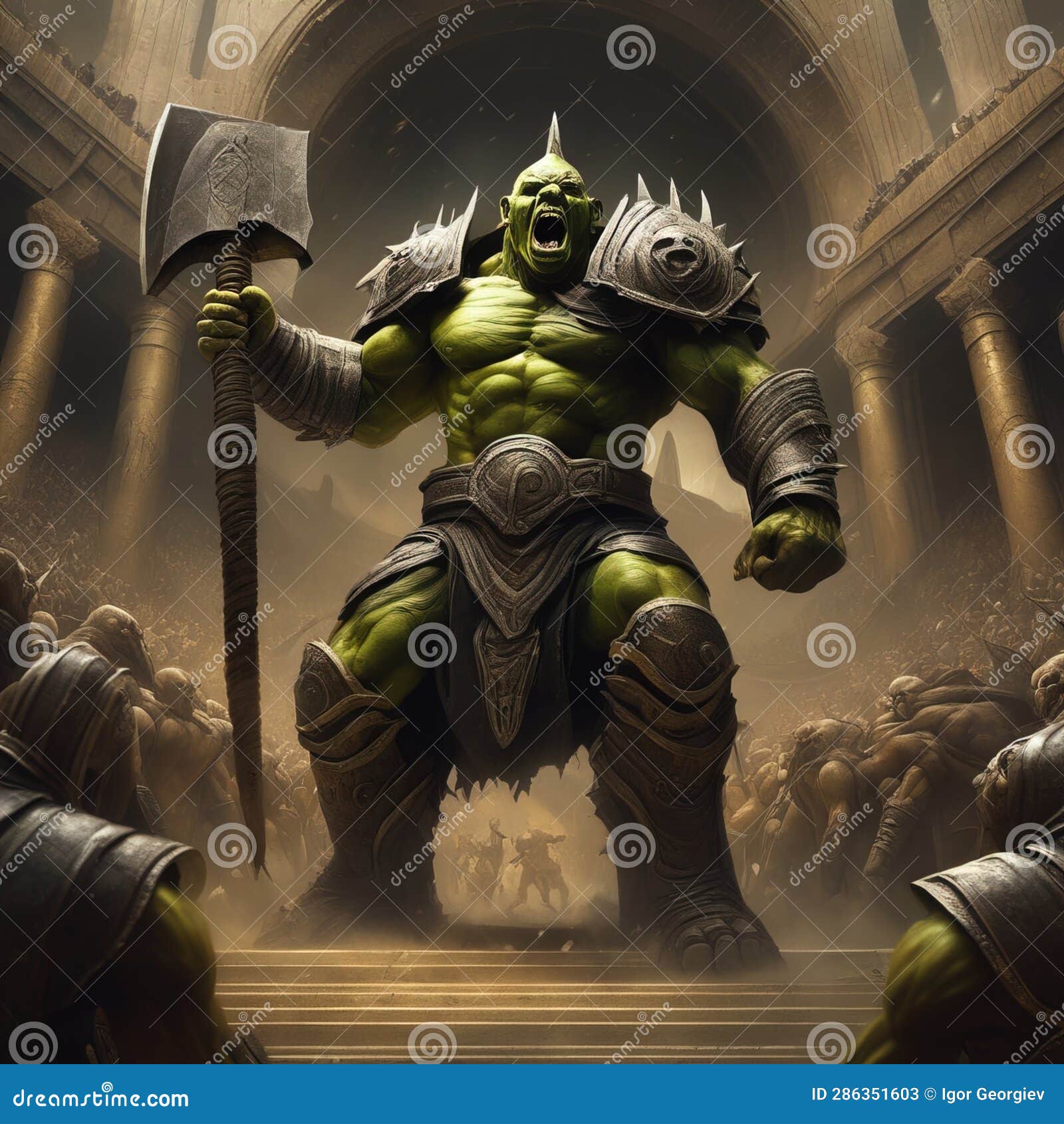 A Thrall Orc Gladiator in a Crowded Coliseum Screaming with an Ax in ...