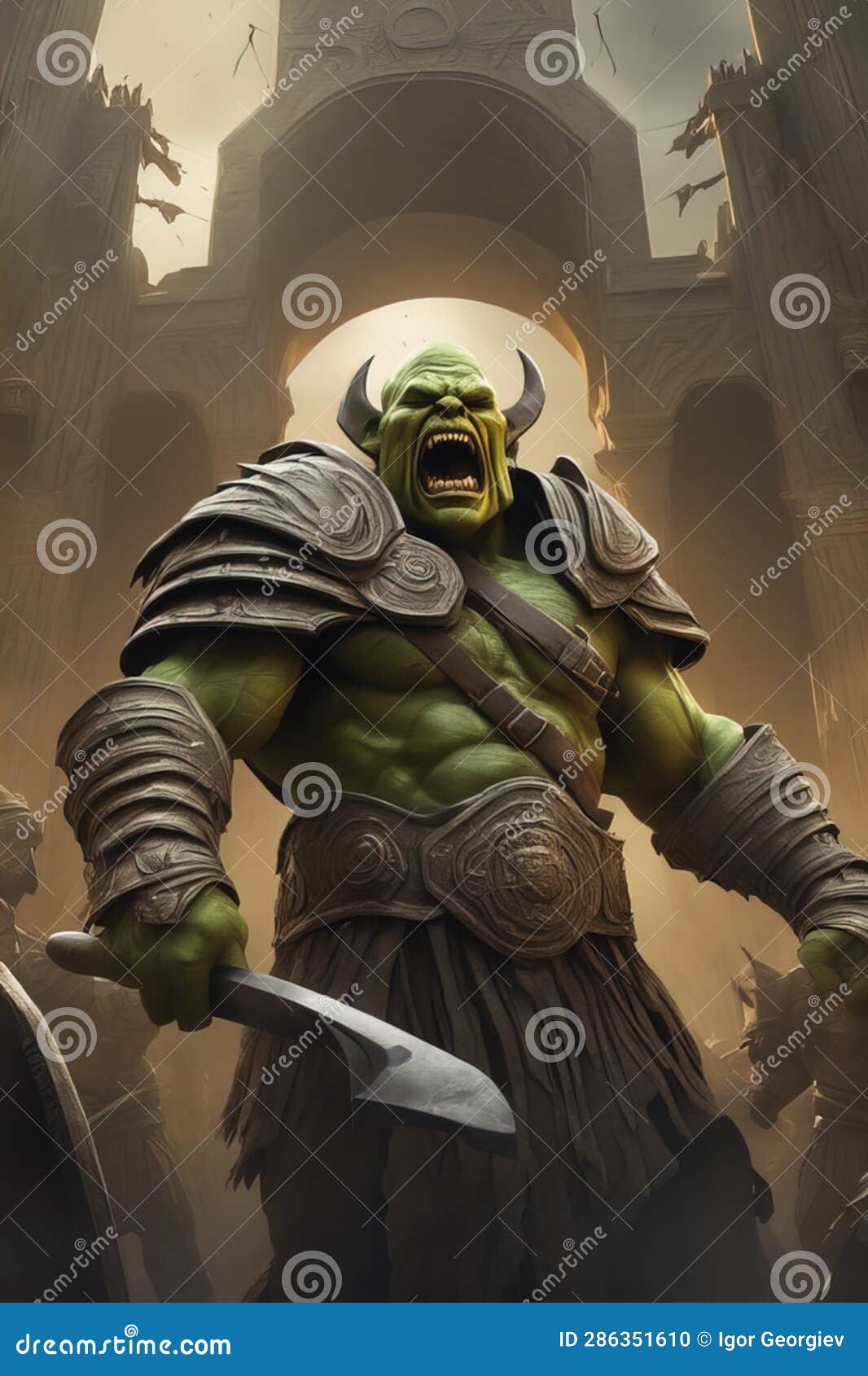 A Thrall Orc Gladiator in a Crowded Coliseum Screaming with an Ax in ...