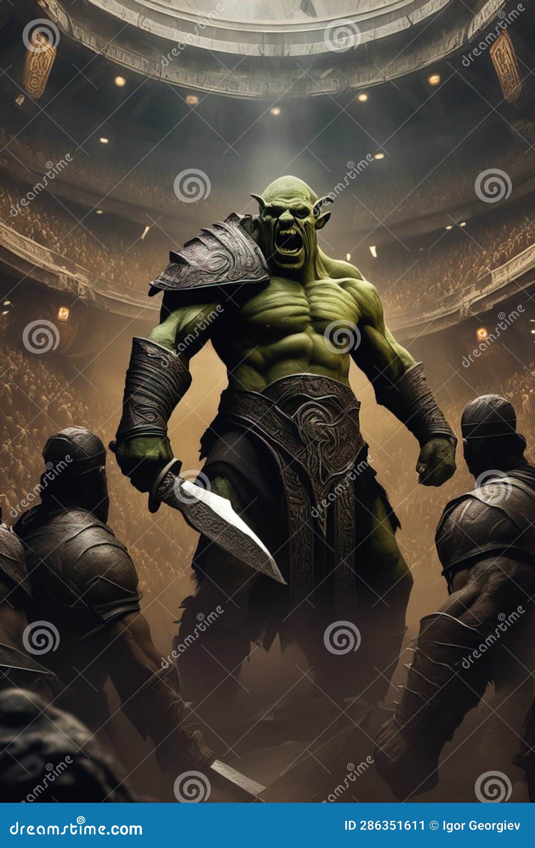A Thrall Orc Gladiator in a Crowded Coliseum Screaming with an Ax in ...