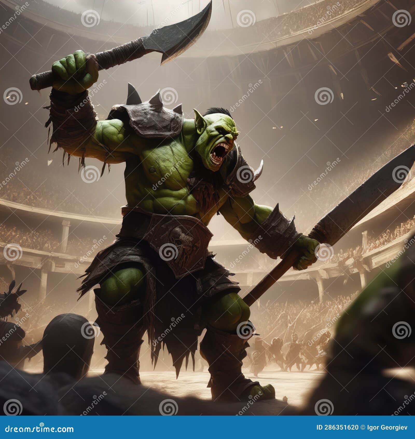 A Thrall Orc Gladiator in a Crowded Coliseum Screaming with an Ax in ...