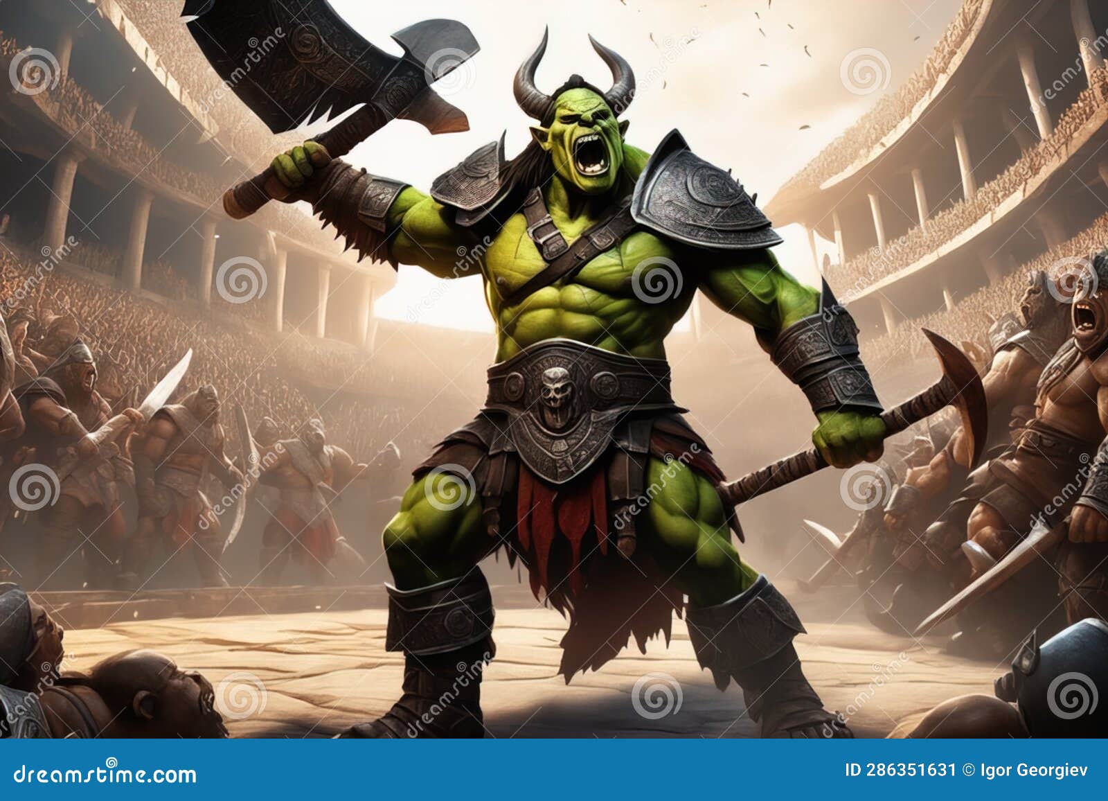 A Thrall Orc Gladiator in a Crowded Coliseum Screaming with an Ax in ...