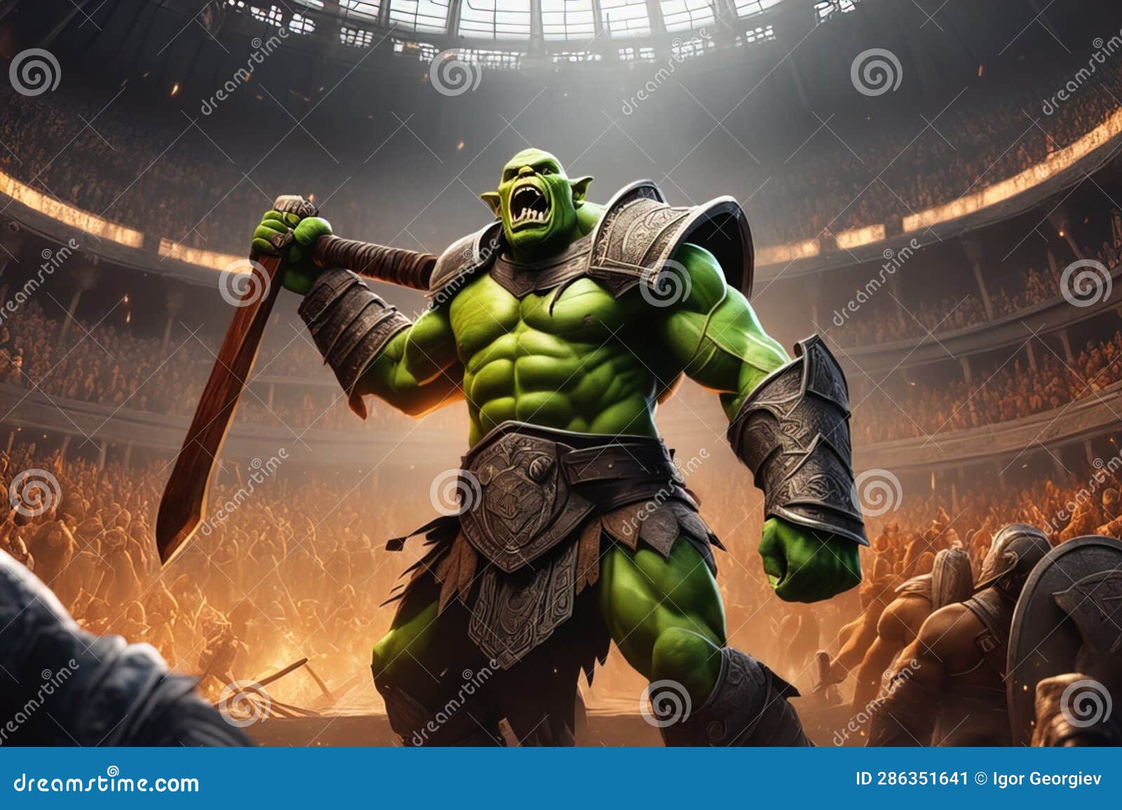 A Thrall Orc Gladiator in a Crowded Coliseum Screaming with an Ax in ...