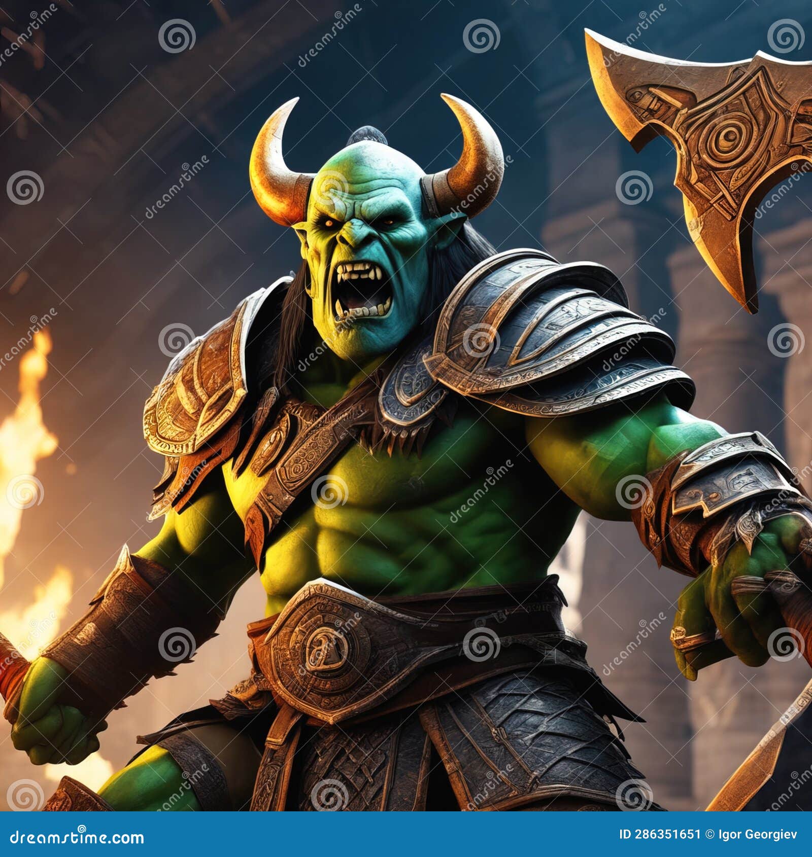 A Thrall Orc Gladiator in a Crowded Coliseum Screaming with an Ax in ...