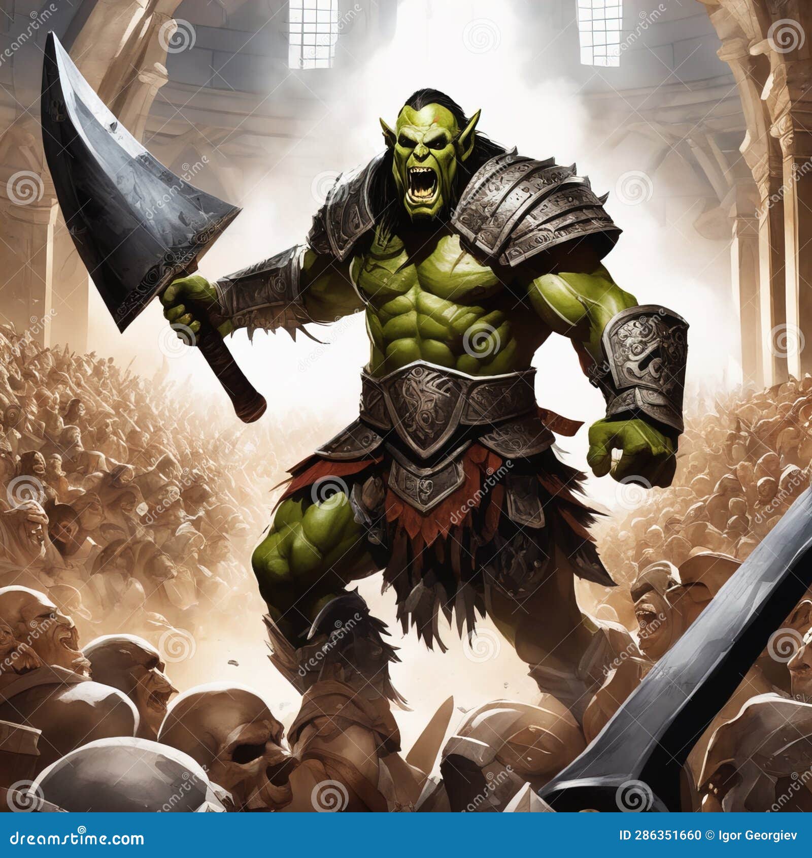 A Thrall Orc Gladiator in a Crowded Coliseum Screaming with an Ax in ...
