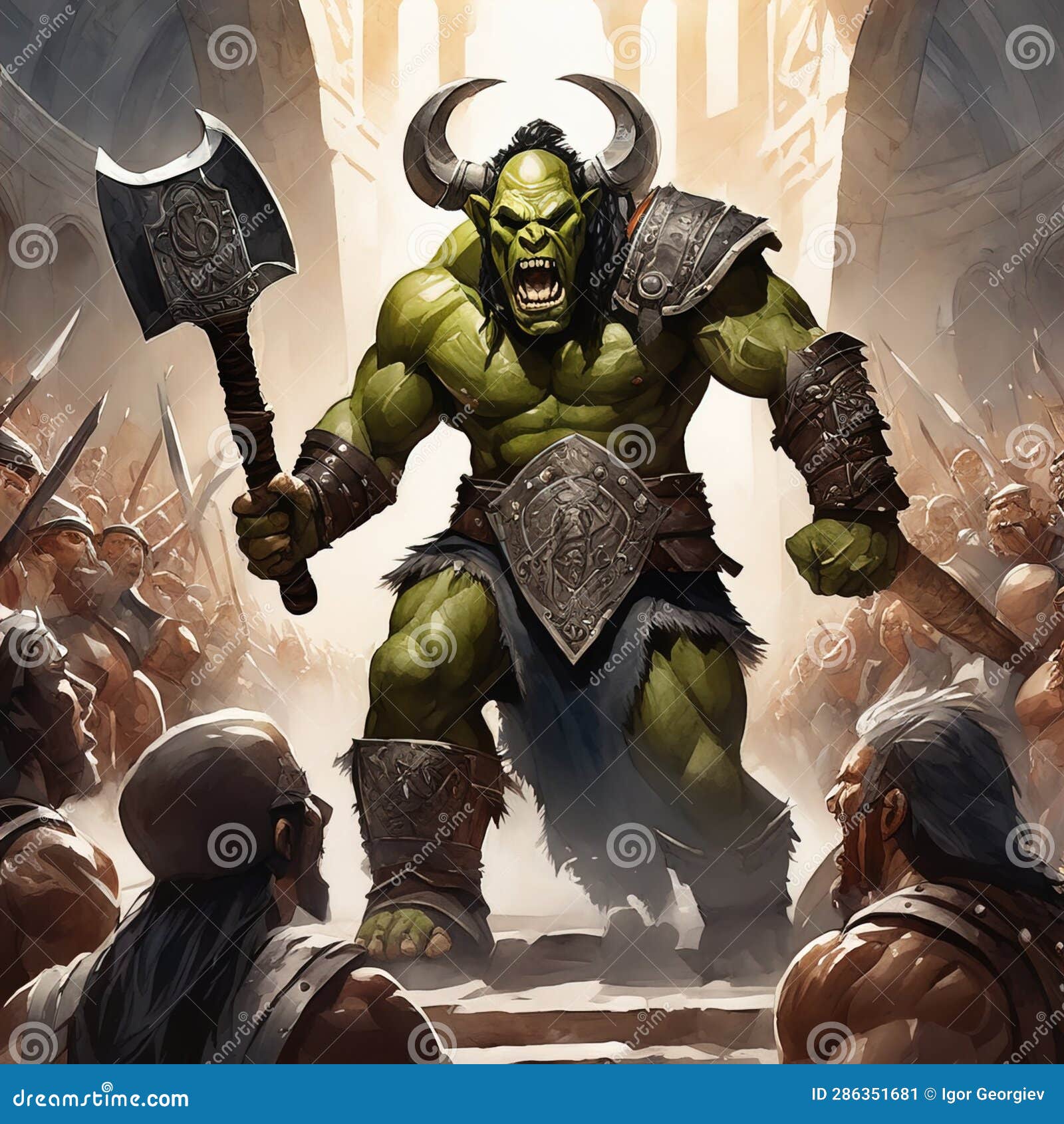 A Thrall Orc Gladiator in a Crowded Coliseum Screaming with an Ax in ...
