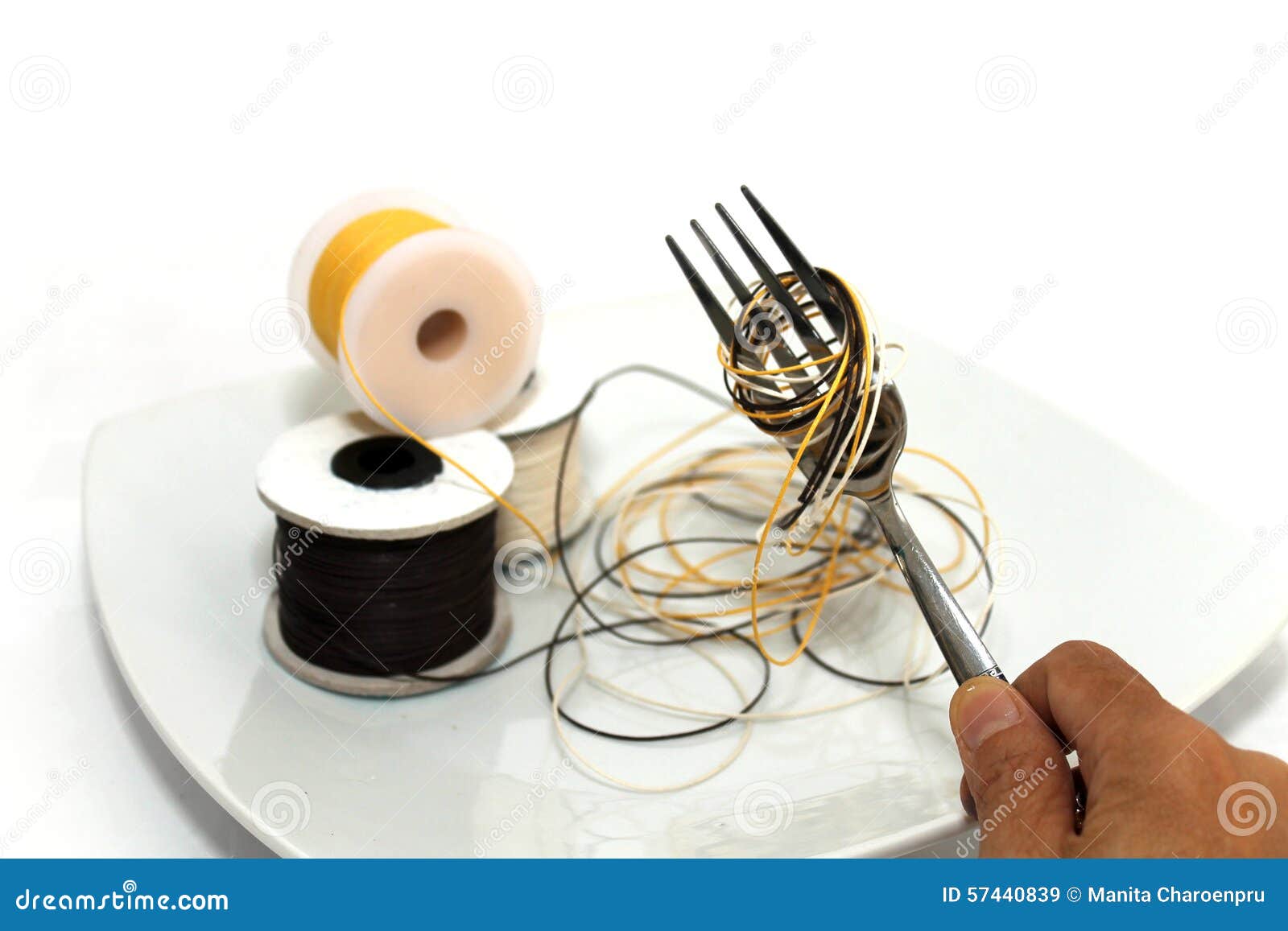 Thread in fork stock image. Image of thread, plate, yellow - 57440839