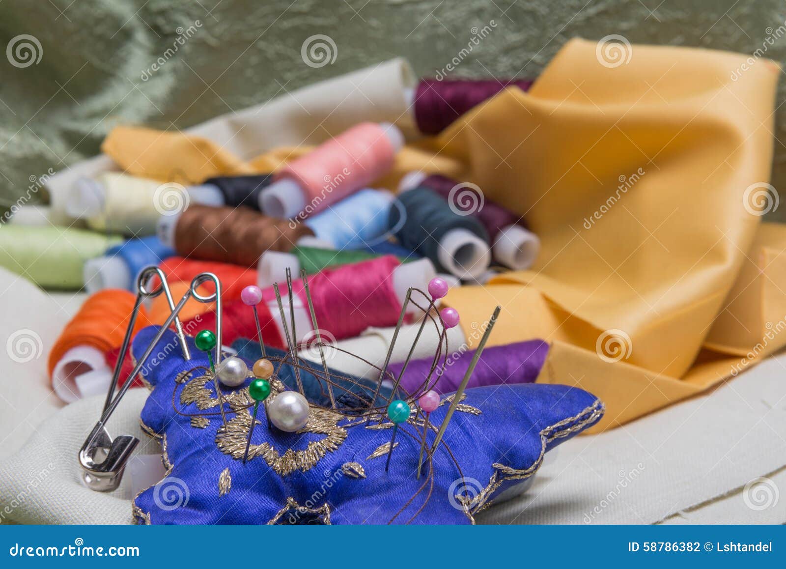 Thread, Needles and Fabrics for Sewing Stock Photo - Image of work ...