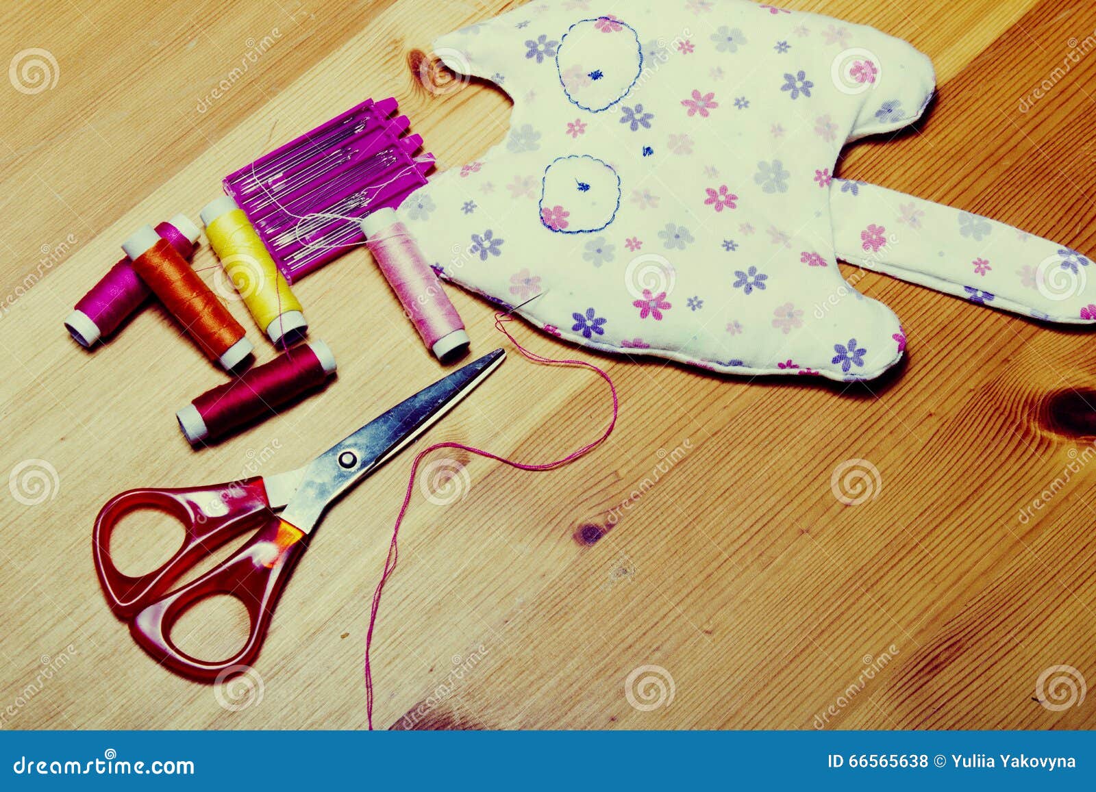 Thread, Needles, Scissors and a Toy on the Table. Stock Photo - Image ...