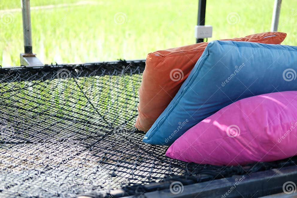 Thread Rope Net Bed Pillow for Sleeping beside Rice Paddy Field Stock ...