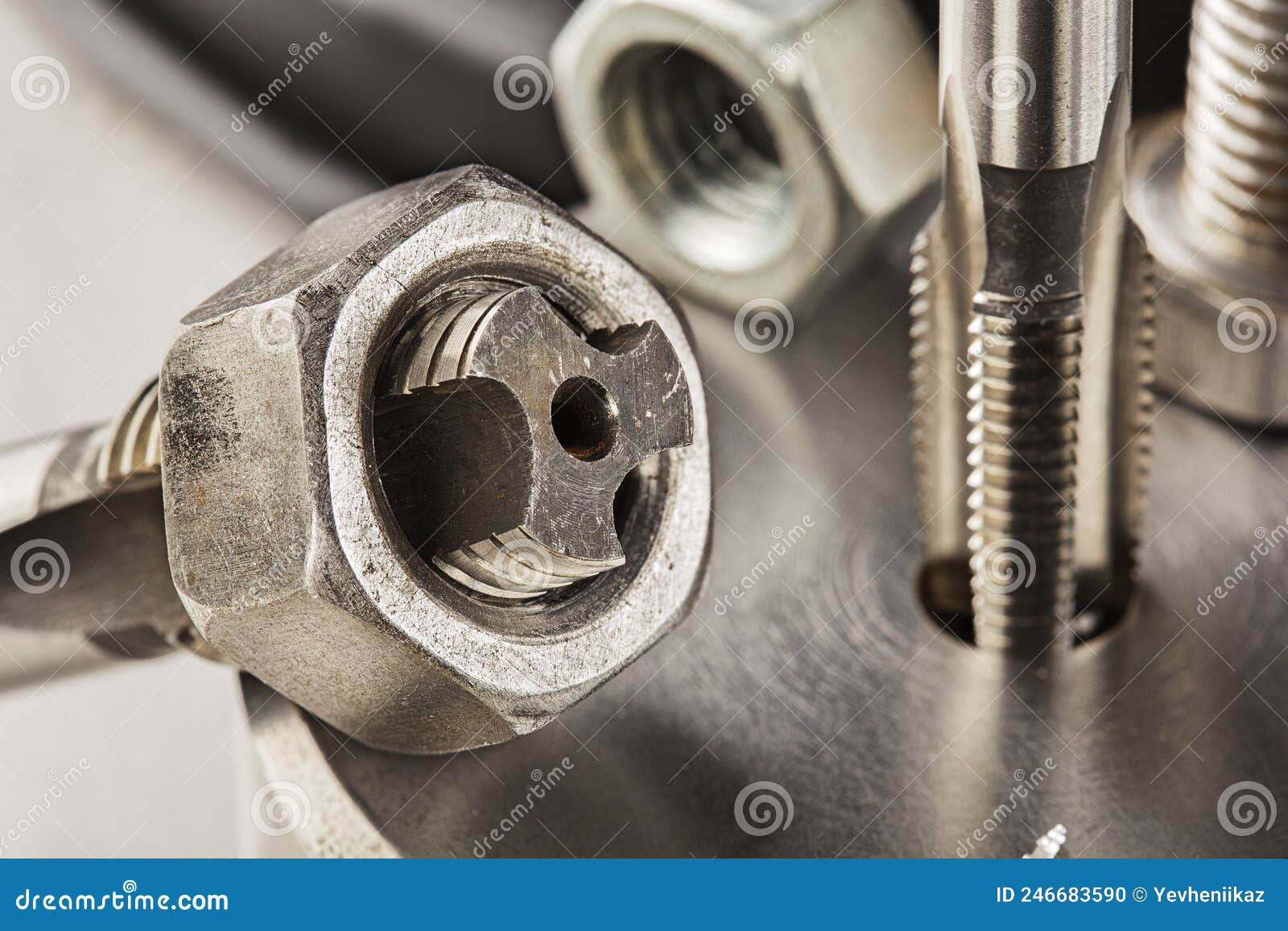 Thread Tap Drill Steel Billet with Drill Bit on Background. Working ...