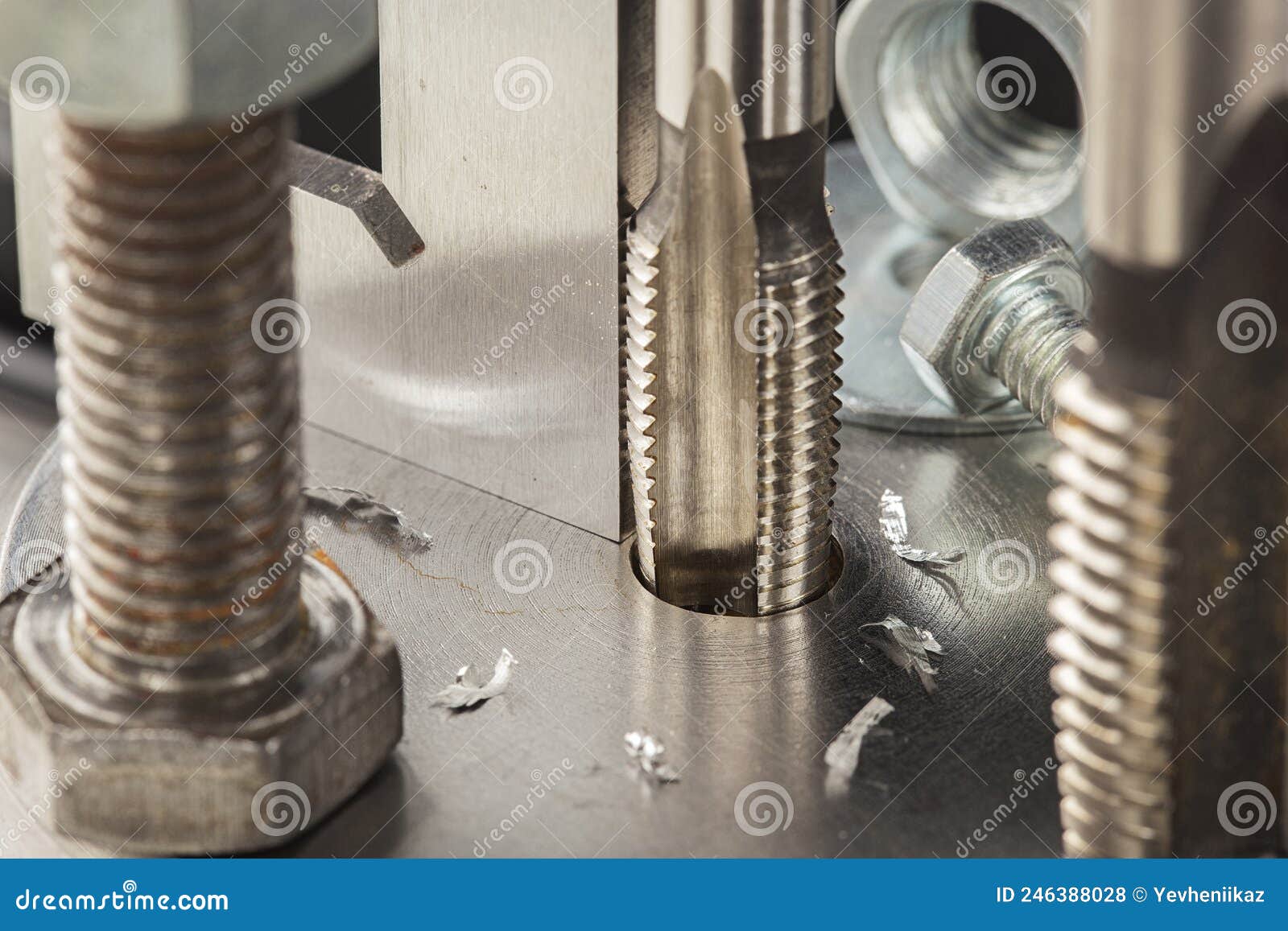Thread Tap Drill Steel Billet with Drill Bit on Background. Working ...